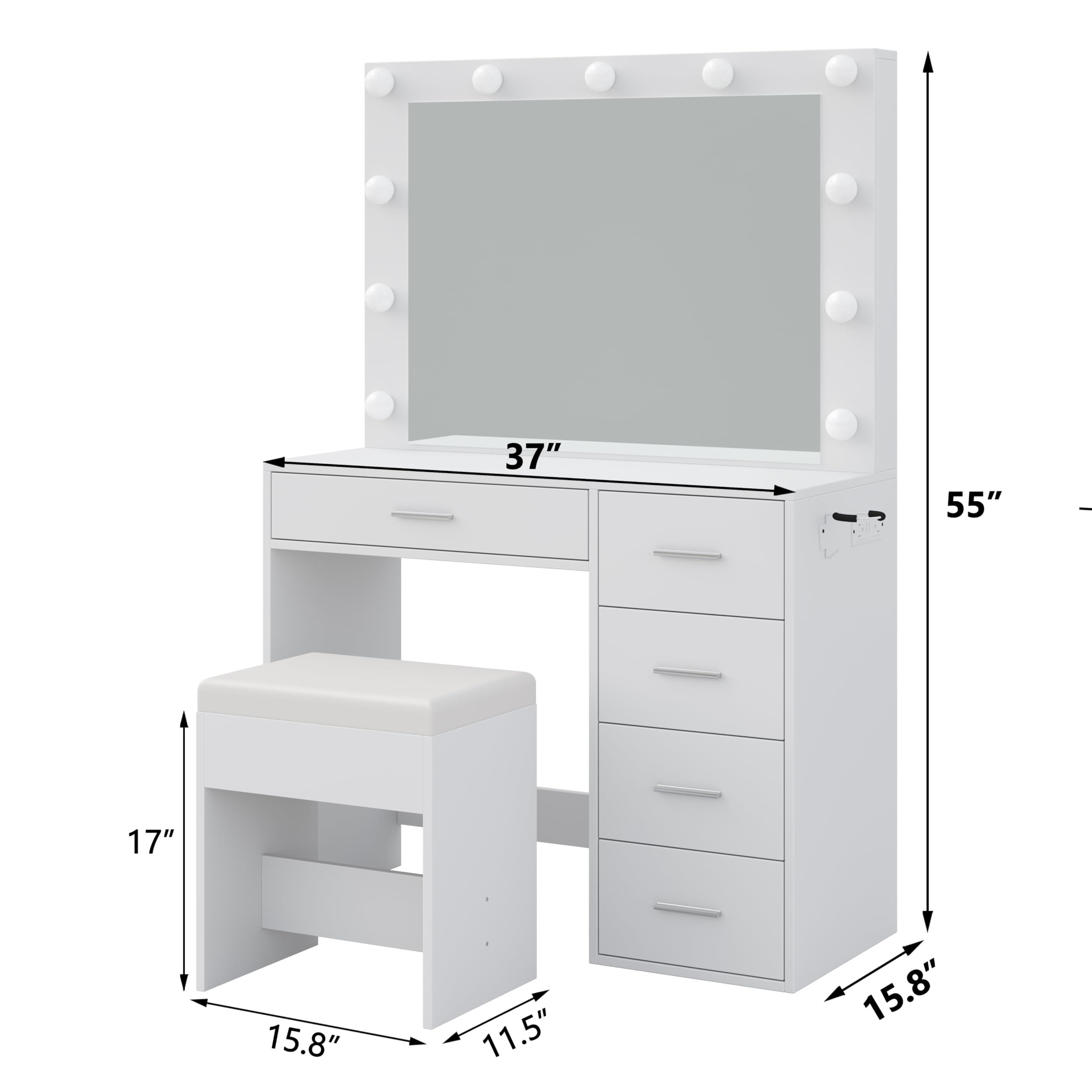 Yanosaku Vanity Desk with Power Outl,Makeup Table with Lighted Mirror, 3 Color Lighting Modes, Brightness Adjustable, Dressing Table with Drawers, Vanity Table Set for Women, Girls, White