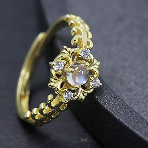 Luna Azure natural Rainbow Moonstone and 925 sterling silver with AAA Cz Goldplated Silver Adjustable Ring women girls gift present jewelry