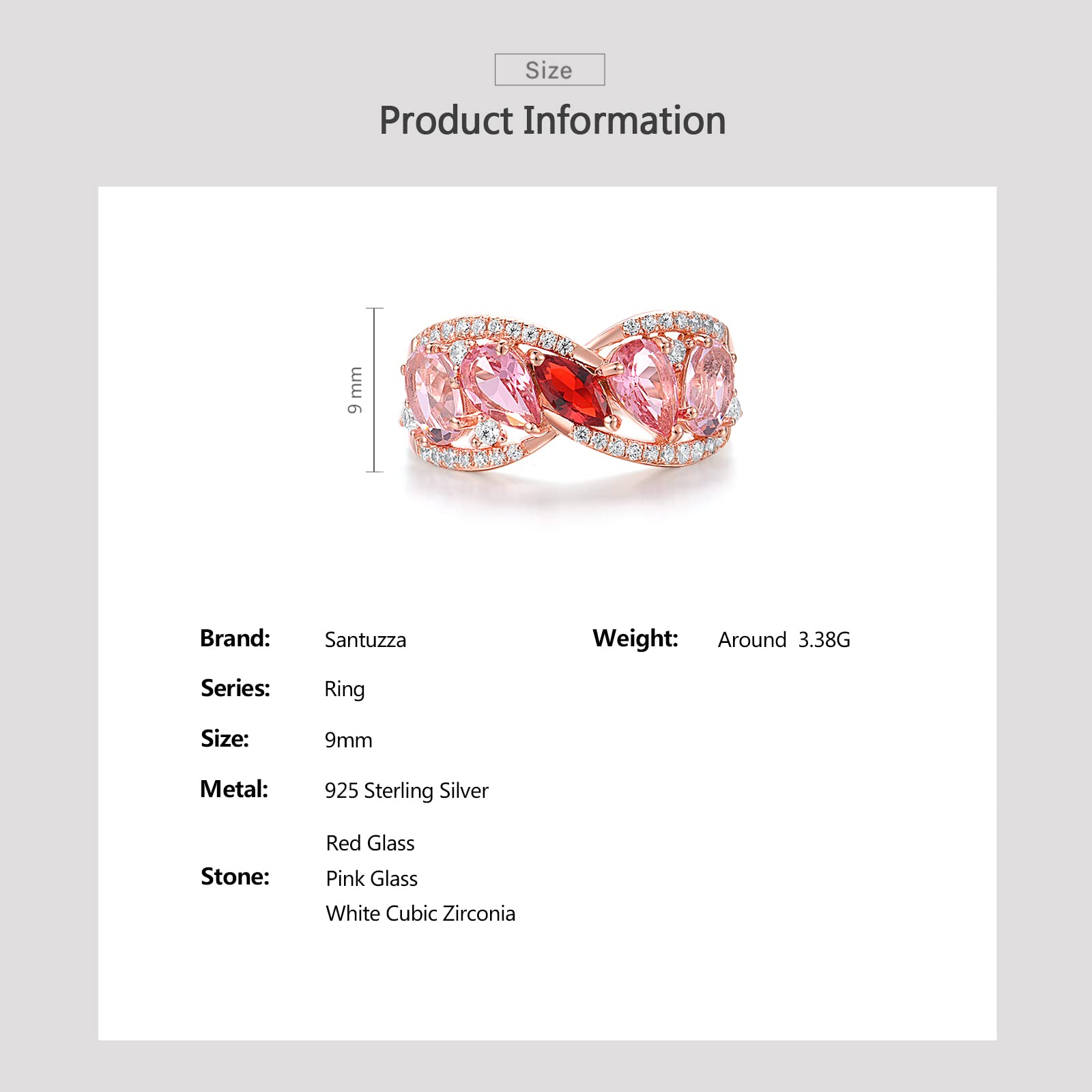 Santuzza 925 Sterling Silver Red Marquise Shape Ring Rose Plating Cubic Zirconia Statement Ring for Women (8)