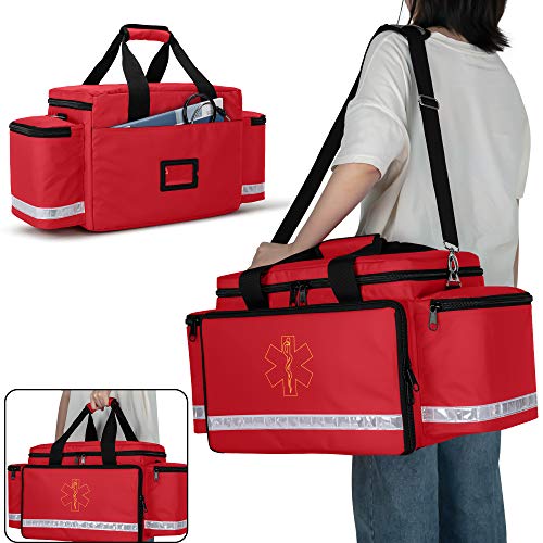 Trunab Emergency Responder Trauma Bag Empty, Professional First Aid Kits Storage Medical Bag with Inner Dividers and Anti-Scratch Bottom, Ideal for EMT, EMS, Paramedics, Red, Bag ONLY