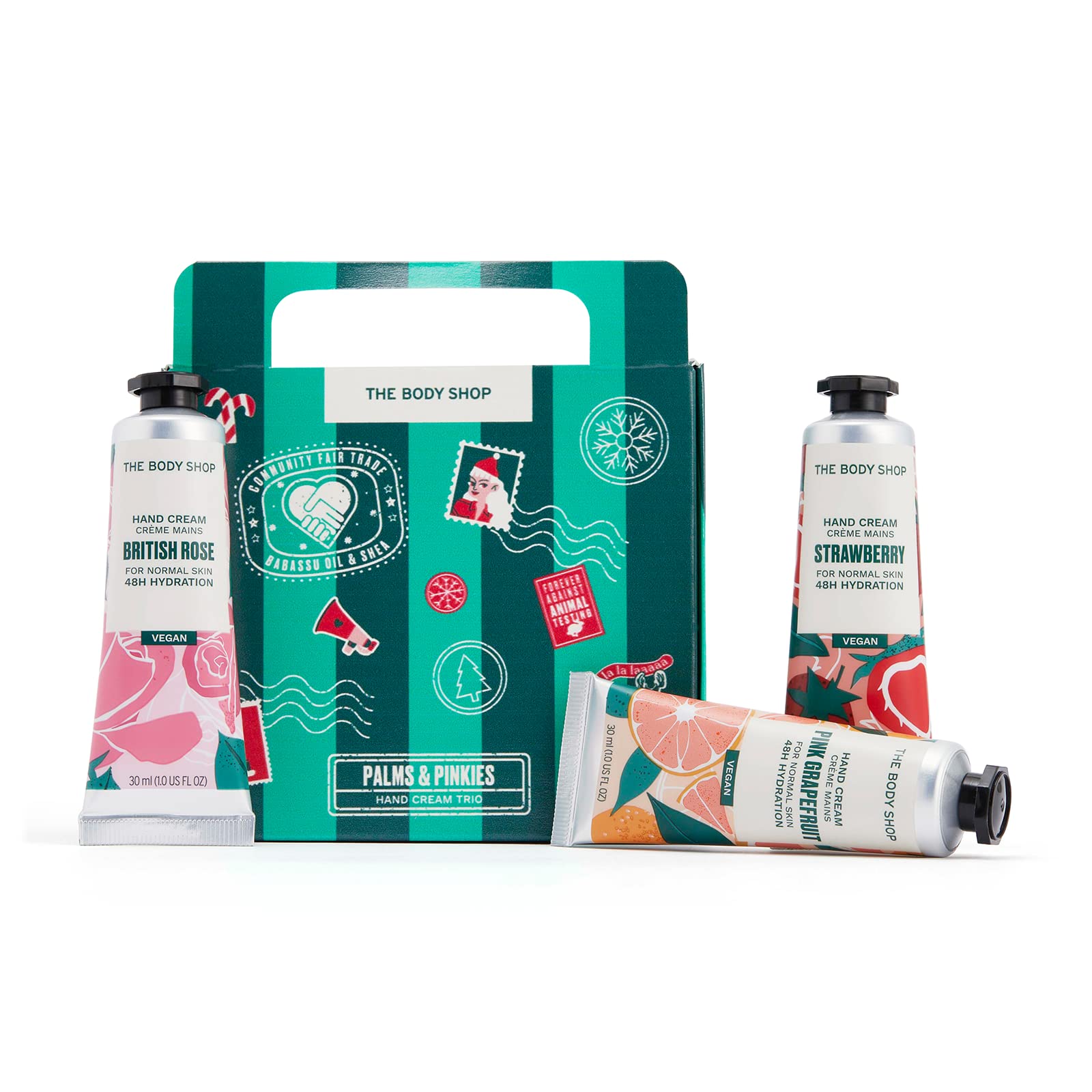 The Body Shop Palms & Pinkies Hand Cream Trio Gift Set โ Keeps Hands Soft โ British Rose, Strawberry, Pink Grapefruit โ Vegan โ 3 * 30ml