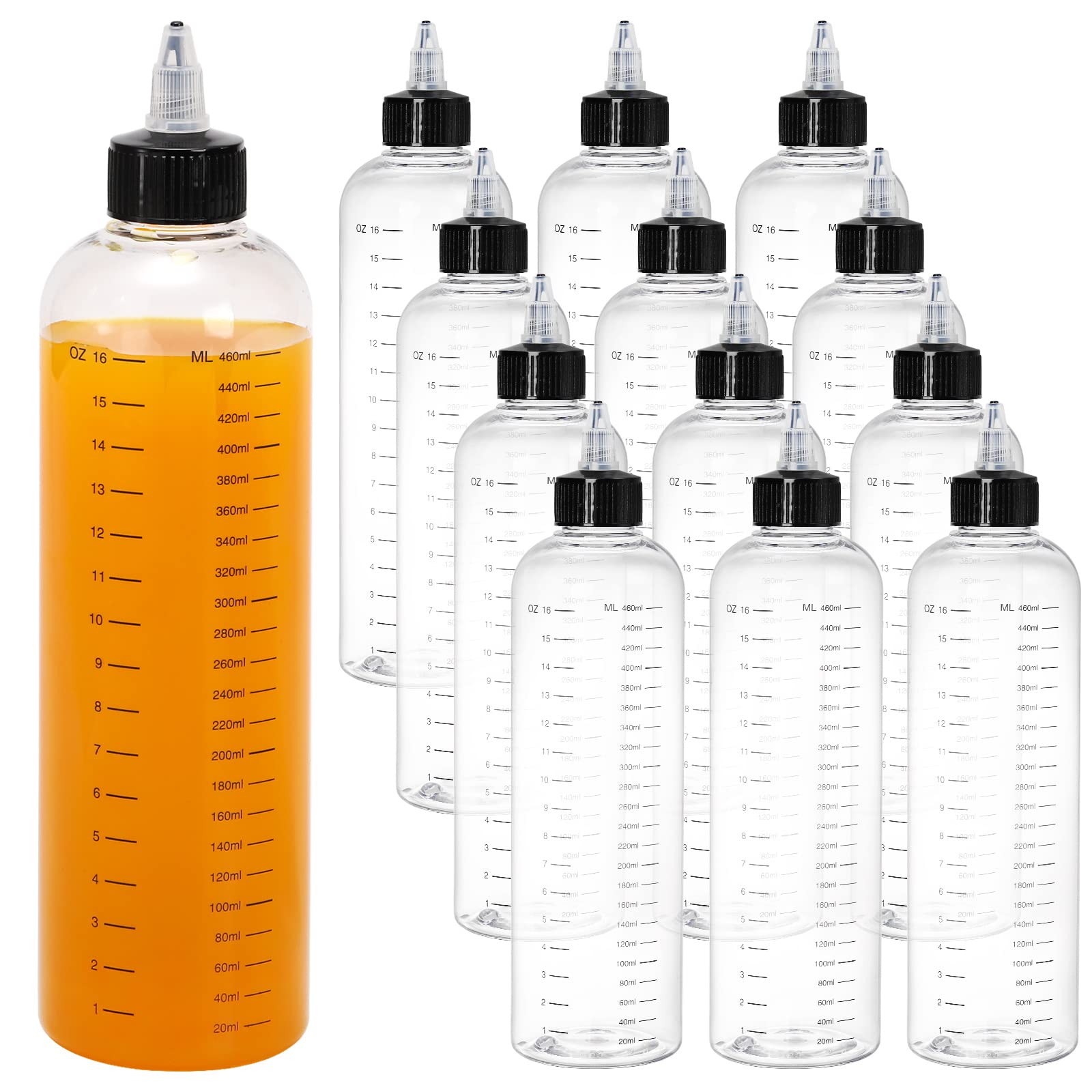 WUWEOT 12 Pack Graduated Squeeze Bottle, 18 Oz Refillable Empty Dropping Bottles, Clear Plastic Boston Dispensing Bottle with Twist Cap for Icing, Liquids, Inks, Oils, Arts and Crafts