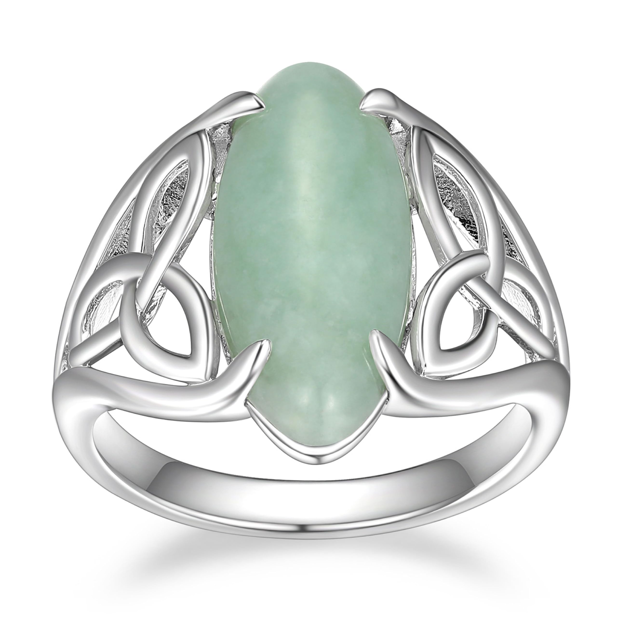 MORGAN & PAIGE 925 Sterling Silver Genuine Green Jade Celtic Trinity Knot Band Satement Ring, Size 8