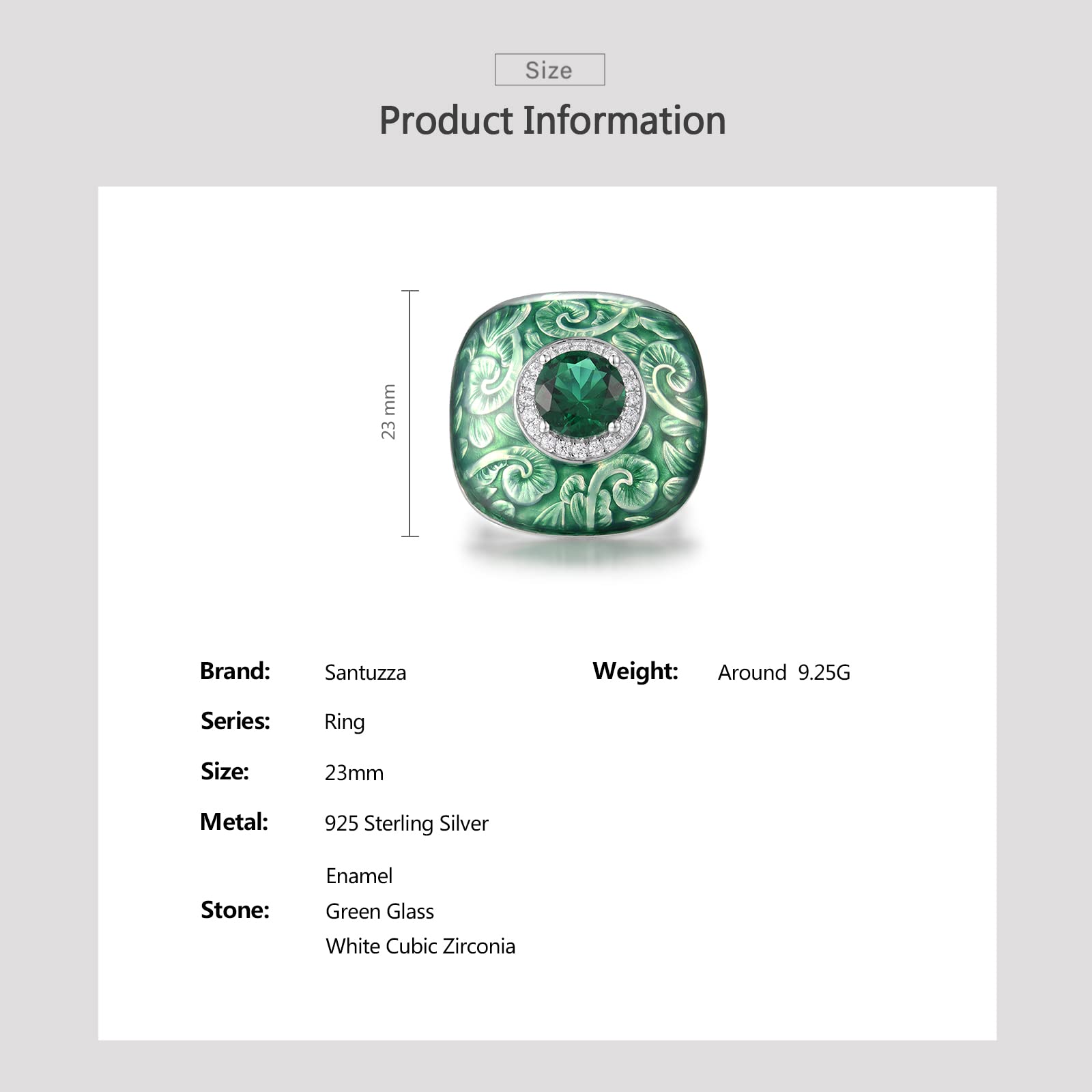 Santuzza 925 Sterling Silver Cushion Ring Enamel Green Glass Cubic Zirconia Vintage Ring for Women (7)