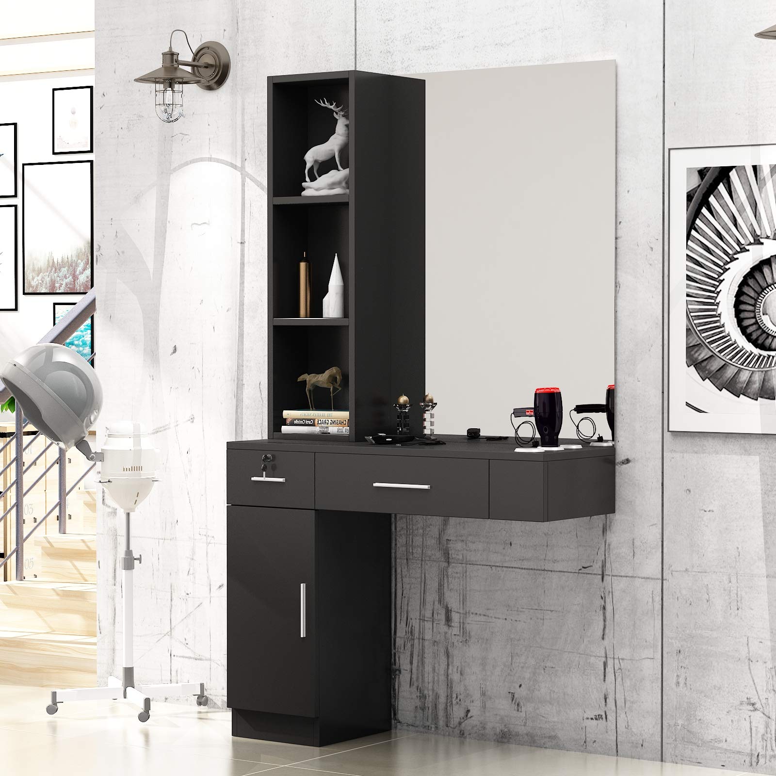 mefeir Wall Mount Hair Styling Barber Station Beauty Hair Salon Spa Equipment Set with 3 Tier Shelf, Lockable Drawer & Cabinet, Easy Assembled (Black)