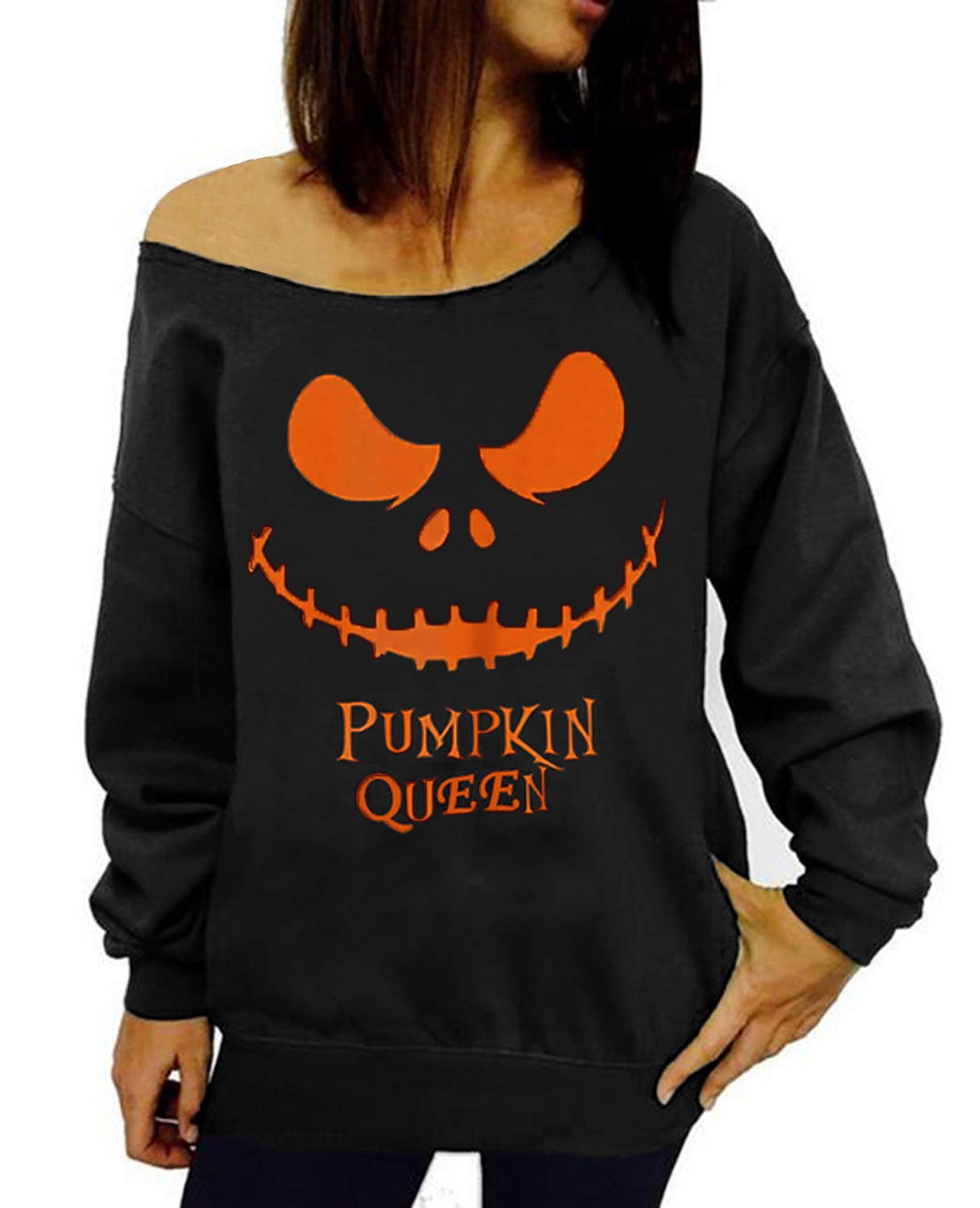 LYXIOF Women Slouchy Shirts Halloween Pumpkin Long Sleeve Sweatshirts Pullover Black 2XL