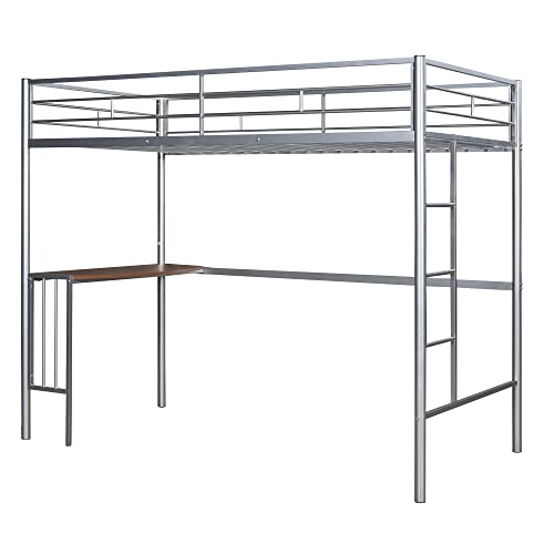Woanke Metal Twin Bunk Bed, Twin Size Bedframe with Desk, Ladder and Full-Length Guardrail for Kids Teens Adults, Space Saving Design, Silver