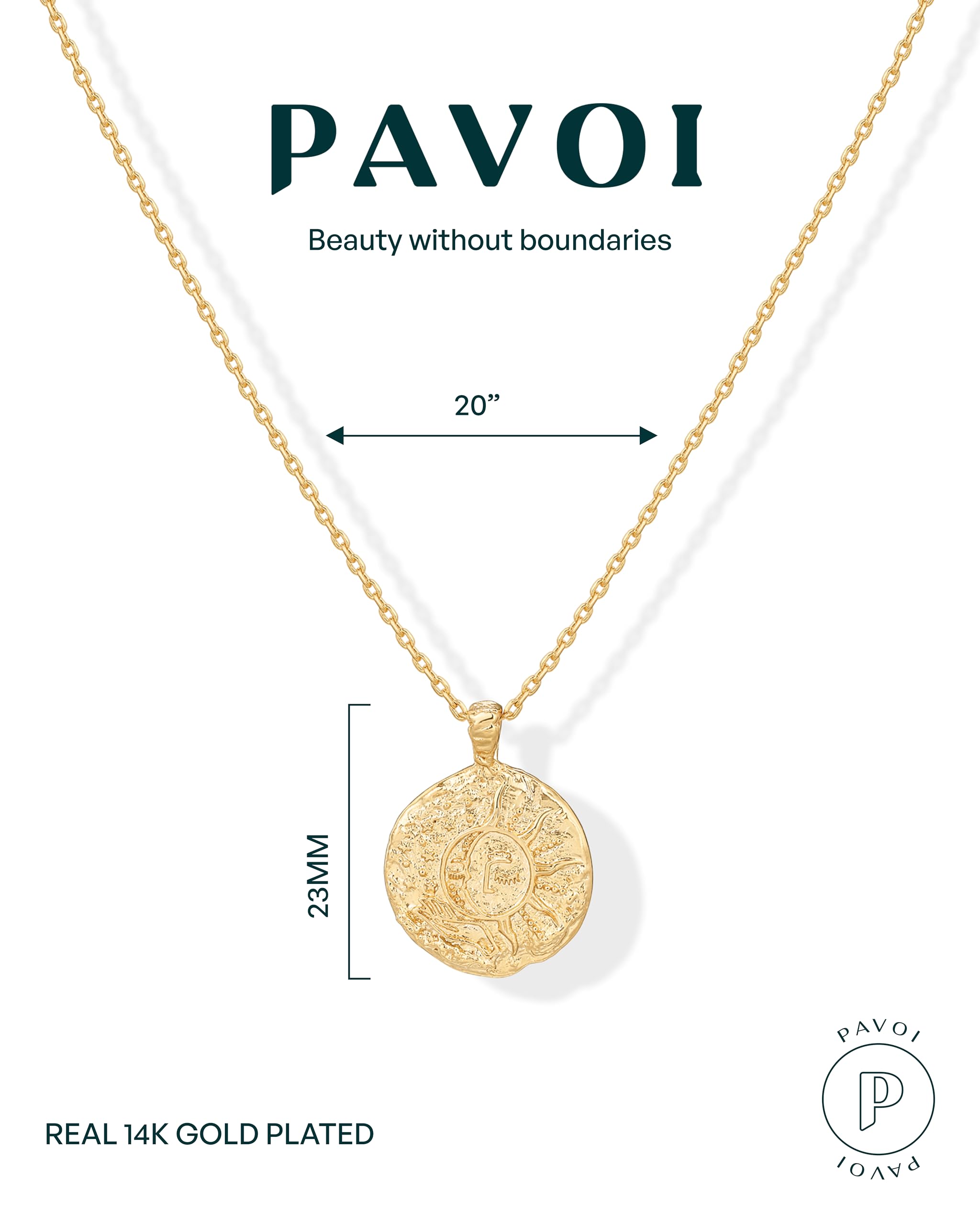 PAVOI Womens 14K Gold Plated – Yellow Gold Engraved Coin Pendant with Necklace