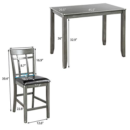 Woanke Set for 4, Vintage Rectangular Counter Height Bar Table with 4 Chairs for Dining Room, Pub and Bistro, Antique Graywash 5 Pcs