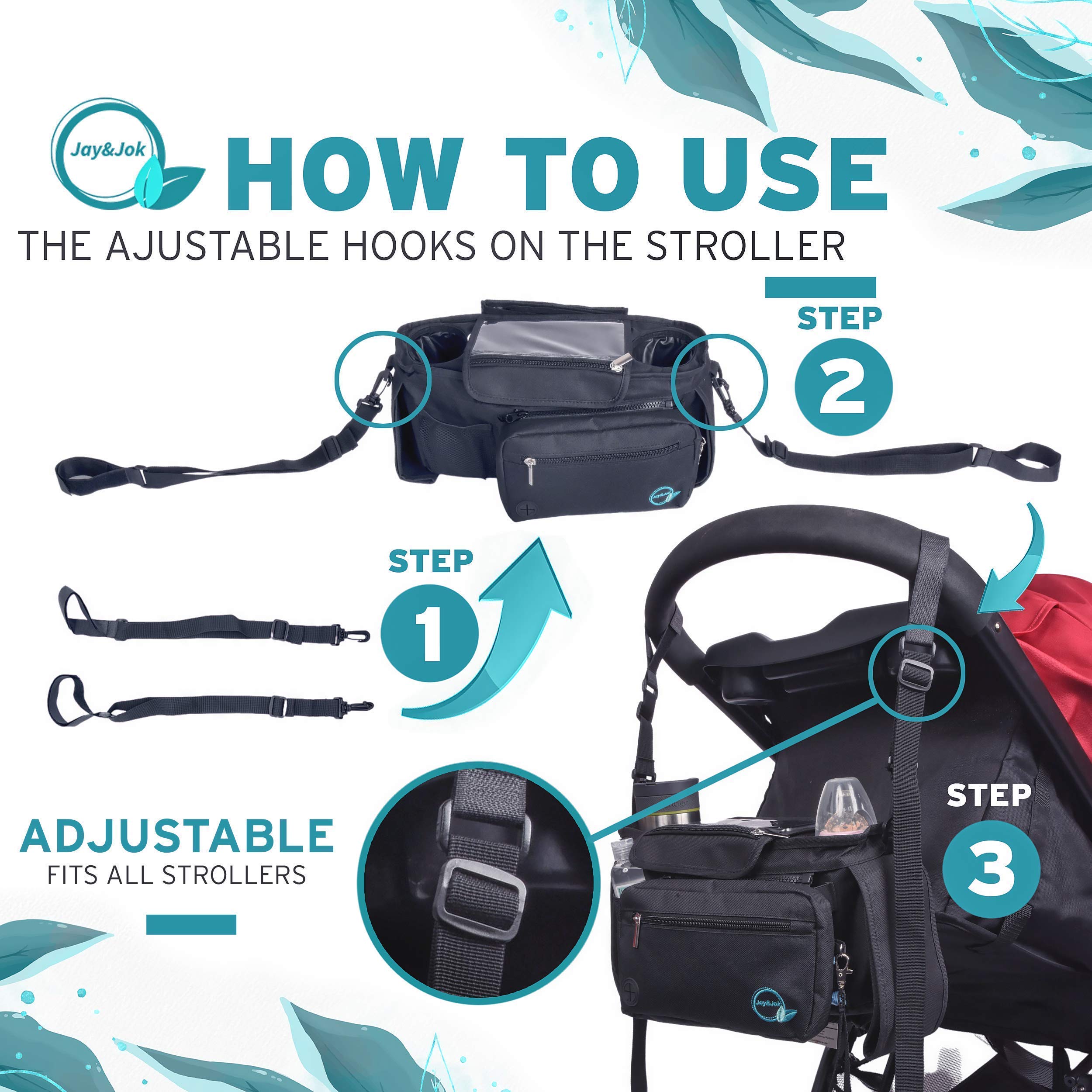 mcyiqihai Jay&JOK Stroller Organizer Bag with Cup Holders, Wipe Dispenser, Detachable Bag, Mirror for Moms. Waterproof Changing Pad, Non-Slip & Shoulder Strap Fit All Baby and Pet Stroller