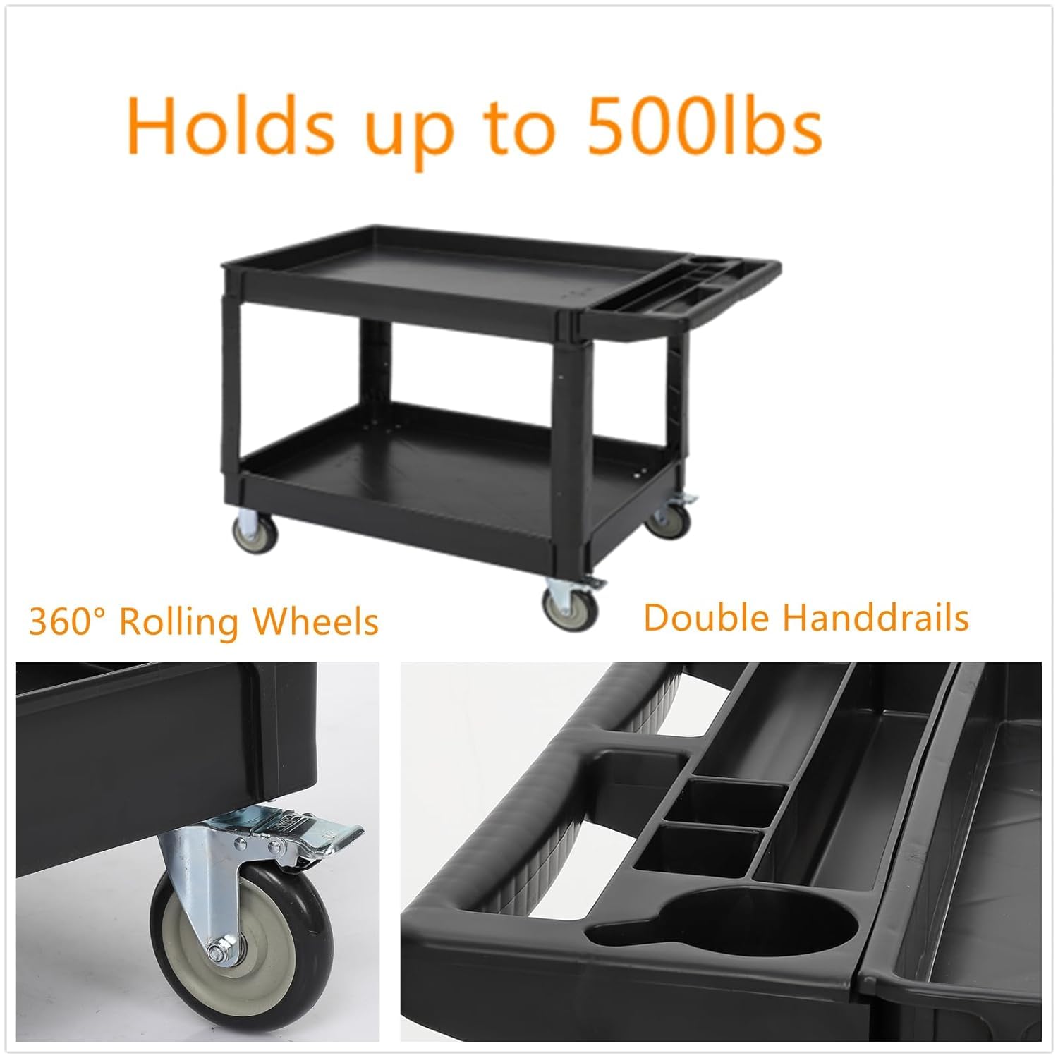 Service Utility Cart 2-Shelf Utility/Service Cart, 500-Pound Capacity, Storage Handle, for Warehouse/Garage/Cleaning/Manufacturing,45"X25"
