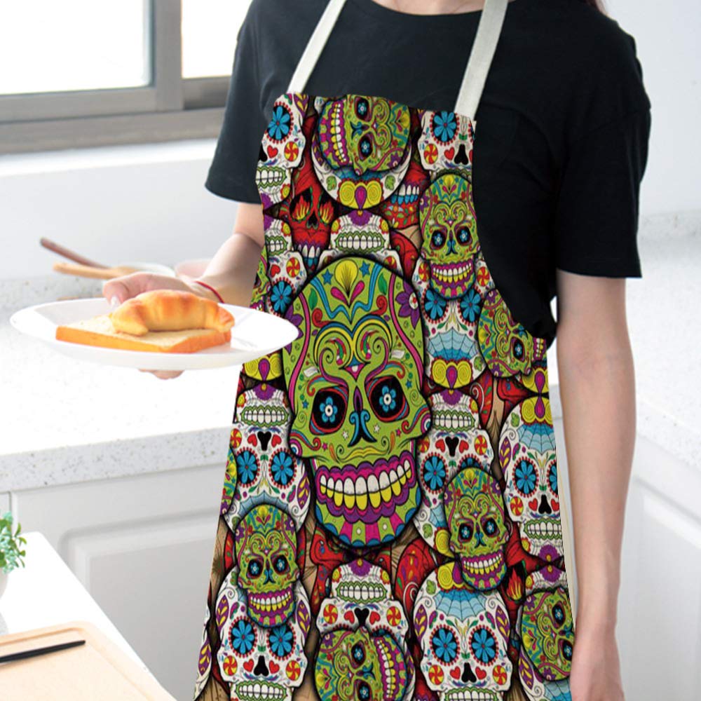 Tovip Sugar Skull 2Pcs Flower Apron Women Men Colorful Skull Cotton Linen Aprons for Kitchen Home Cooking Baking Cleaning Accessories 26.8 x 21.7 inch