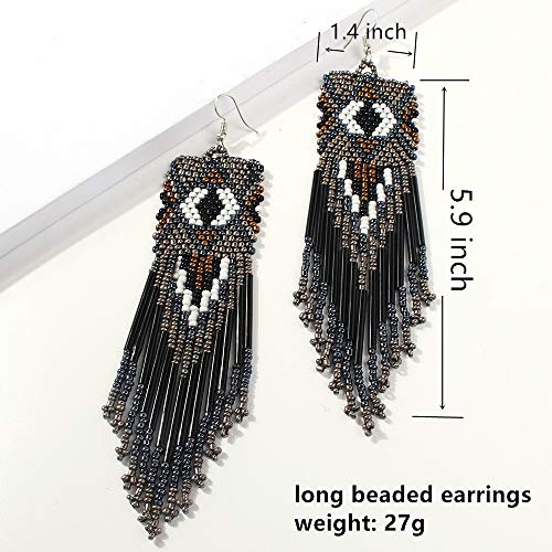 Long Beaded Earrings Dangle - Boho Sleek Fringe Earrings Statement Handmade with Hook, Gift Ideas for Women Jewelry
