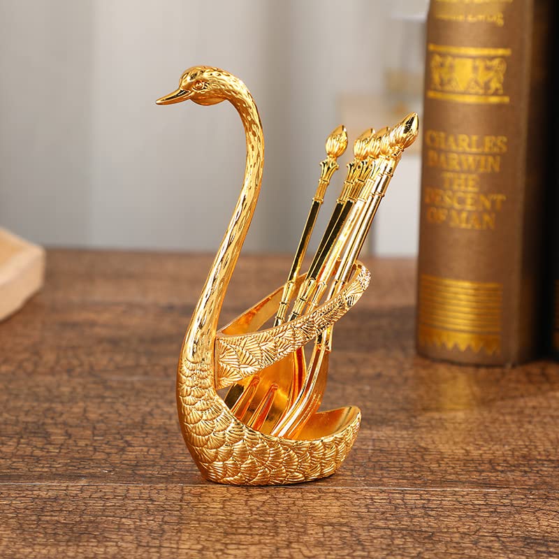 Stainless Steel Spoon Cutlery Kit with Zinc Alloy Swan Shape Retainer Storage Cutlery Rack Home Decor(Gold)