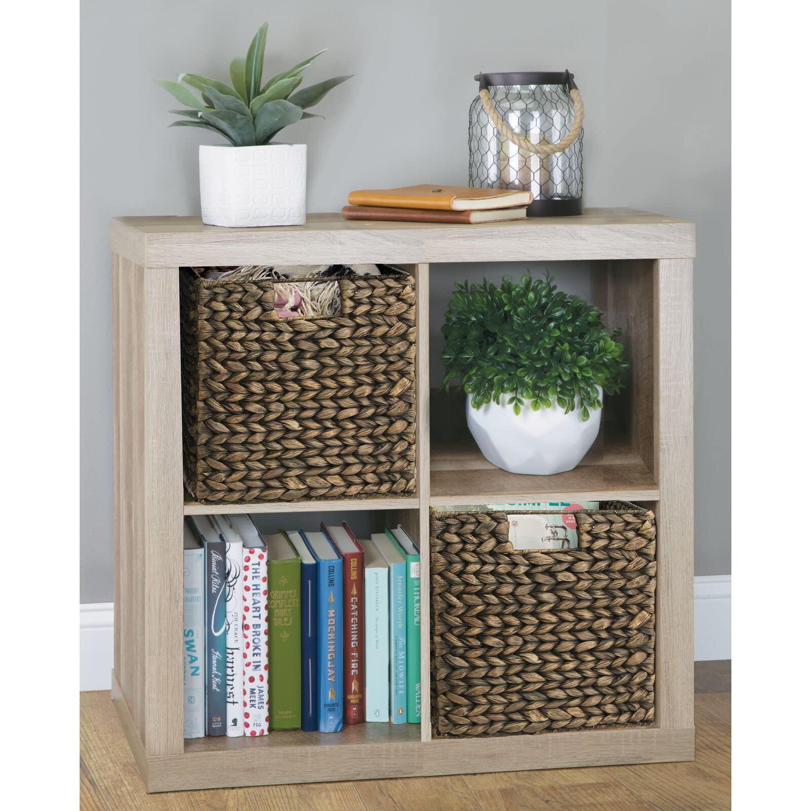 mDesign Natural Woven Hyacinth Cube Organizer Basket with Handles, Storage for Bathroom, Laundry Room Shelf or Nursery - Perfect for Cubby Storage Units - Hold Blankets and Books - 2 Pack, Black Wash