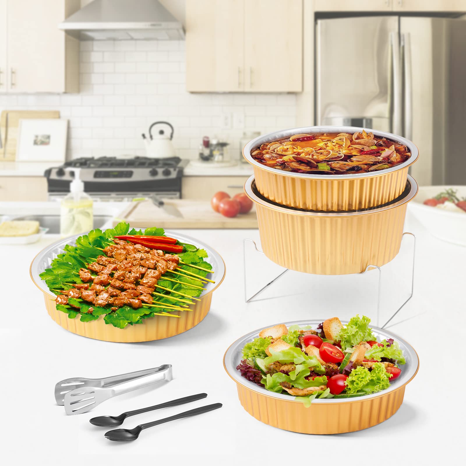 Riccioney 8 Set Disposable Chafing Dish Buffet Set Chafer Wire Racks Buffet Stand Set Food Warmer Catering Supplies Including Chafer Pans, Utensils and Buffet Stand