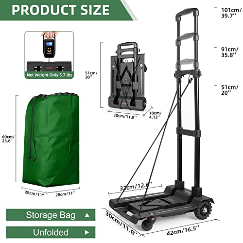 SELORSS 2-in-1 Foldable Hand Truck Utility Cart, Portable Grocery Shopping Cart with Wheels, Telescoping Handle and Removable Waterproof Bag, Collapsible Lightweight Large Capacity for Groceries