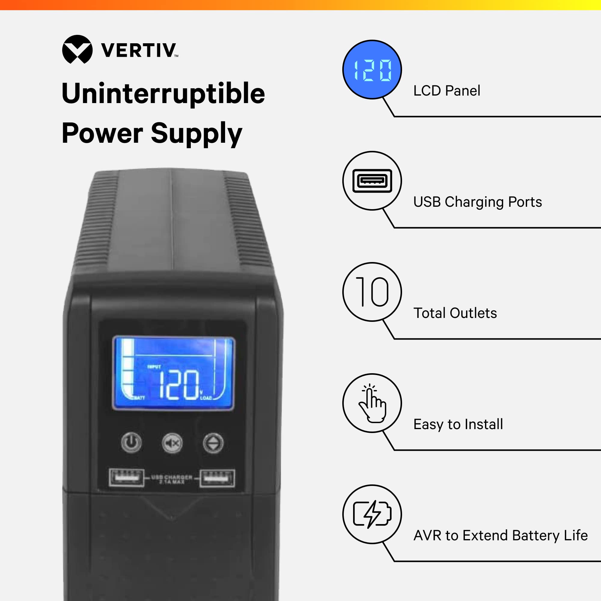 Liebert PSA5 UPS - 1000VA/600W 120V, Line Interactive, AVR, mini tower, 10 outlets, USB Charging, 3 year warranty, Uninterruptible Power Supply, Battery Backup with Surge Protection (PSA5-1000MT120)