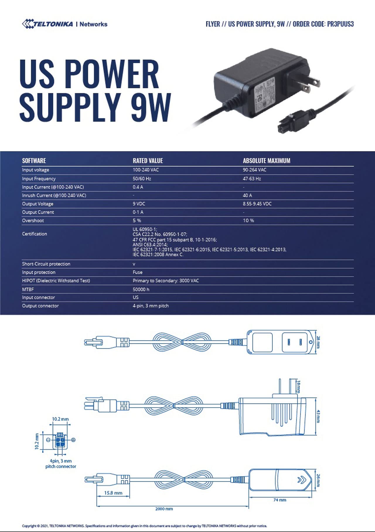 Teltonika PR3PUUS3 Power Supply, US Plug, 9W, 100-240 VAC Input, 9 VDC Output, 50/60 Hz, Up to 50000 Hours Rated Life