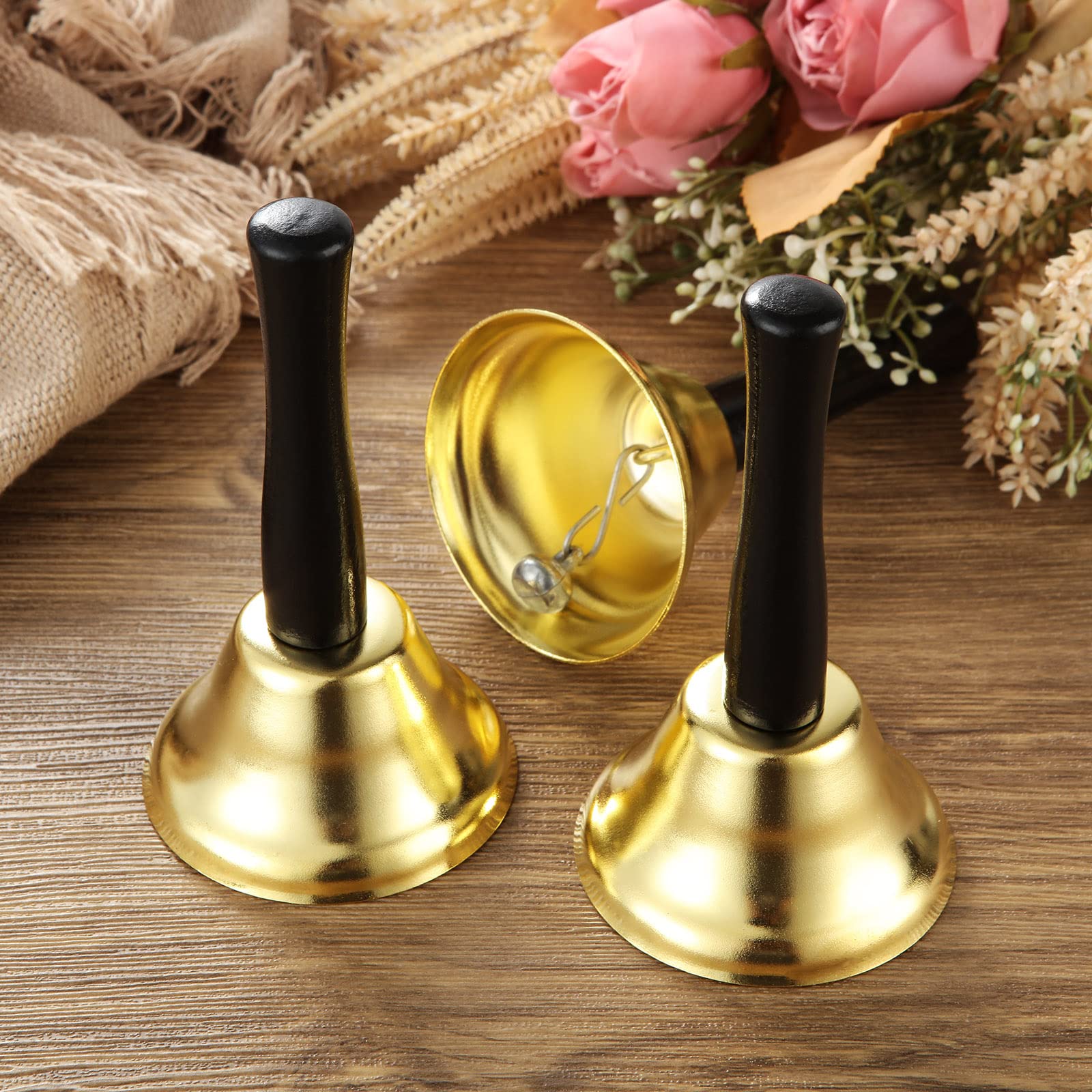 QTLCOHD 24Pcs Gold Hand Bells for Wedding Solid Brass Hand Bell Black Wooden Handle Handbells Metal Call Bells for Service Kid Adults