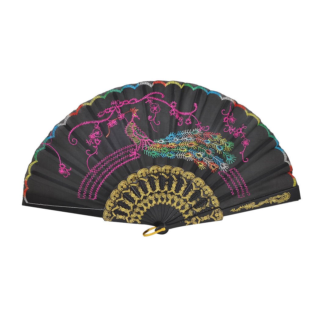 Qtqgoitem Embroidering Peacock Detailing Black Cloth Folding Hand Fan for Ladies (model: daa 338 0a4 a7e 701)