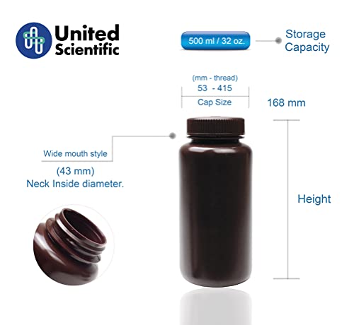 United Scientific™ 33465 | Laboratory Grade HDPE Wide Mouth Amber Reagent Bottle | Designed for Laboratories, Classrooms, or Storage at Home | 500ml (16oz) Capacity | Pack of 12