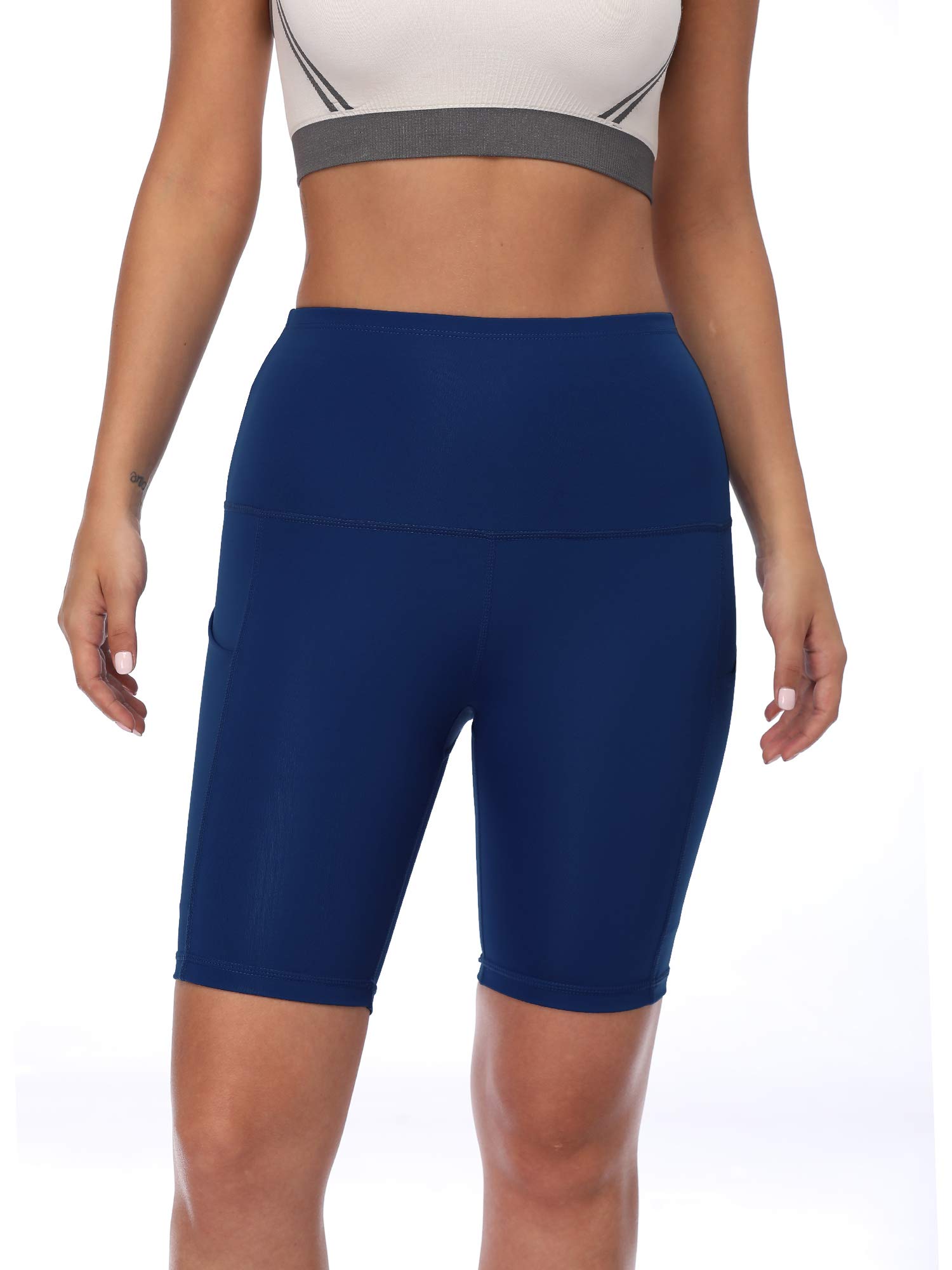 NELEUS Women's 3 Pack Athletic Shorts for Biker Running Yoga Gym Workout Tummy Control Workout with Pocket,1010,White/Blue/Navy,ID 2XL, US XL