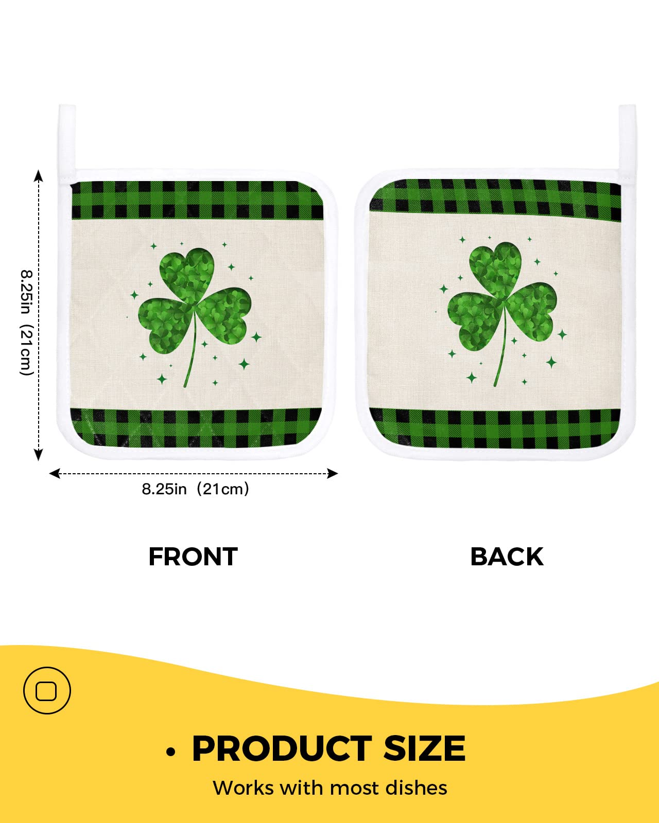 Pot Holders Set of 2,Irish Saint Patricks Green Shamrock Potholder for Kitchen Heat-Proof Hot Pads,Light Clover Black Plaid Vintage Cotton Linen Hot Mats Potholders for Cooking Baking BBQ