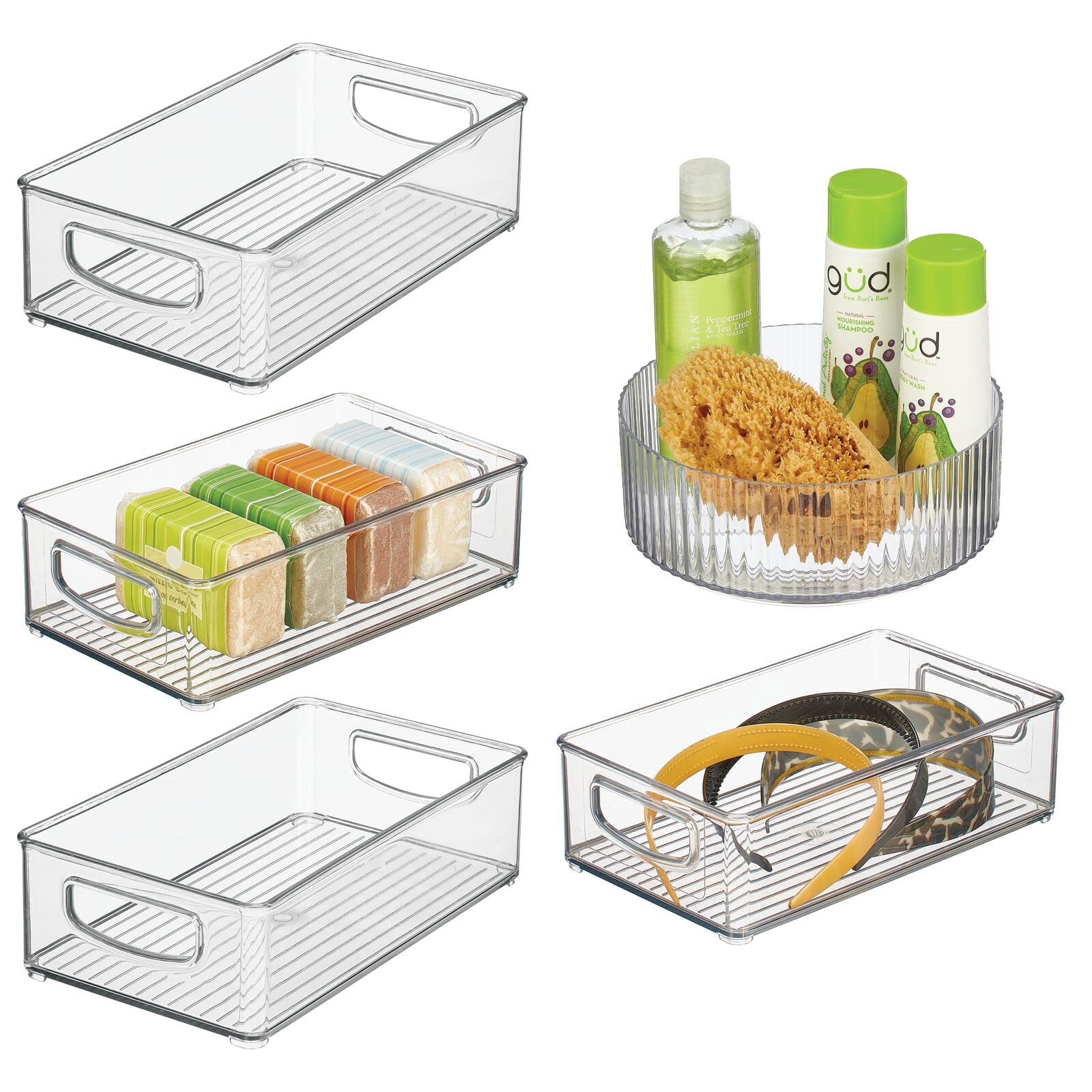 mDesign Plastic Stackable Bin with Handles and 9" Round Fluted Lazy Susan Turntable Plastic Spinner Combo Set for Organization in Bathroom, Closet, Cabinet, or Vanity Countertop - Set of 5 - Clear