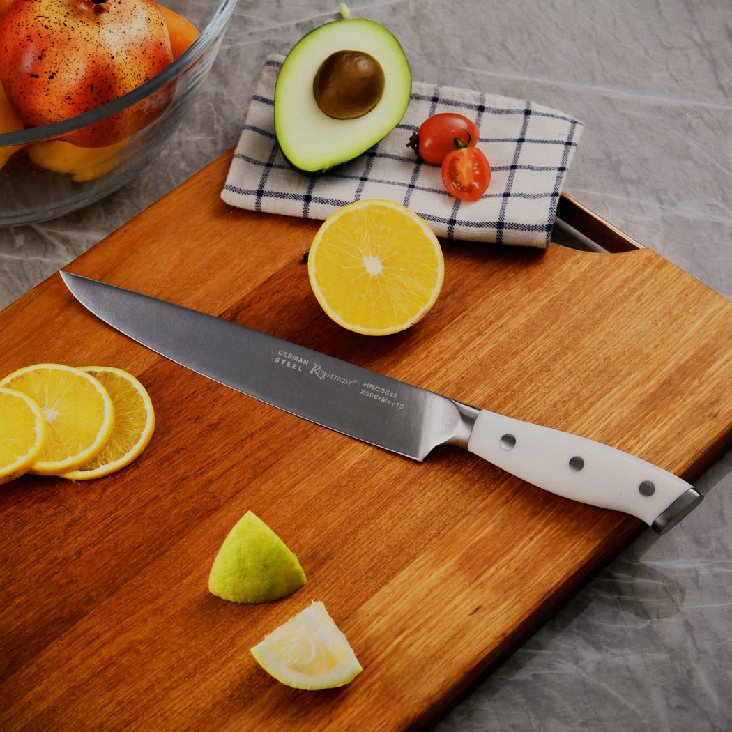 ROMANTICIST 16-Piece German Stainless Steel Sturdy Durable Kitchen Knives, Razor Sharp,Knife Set with Block,Cutting Board and Knife Sharpner, White