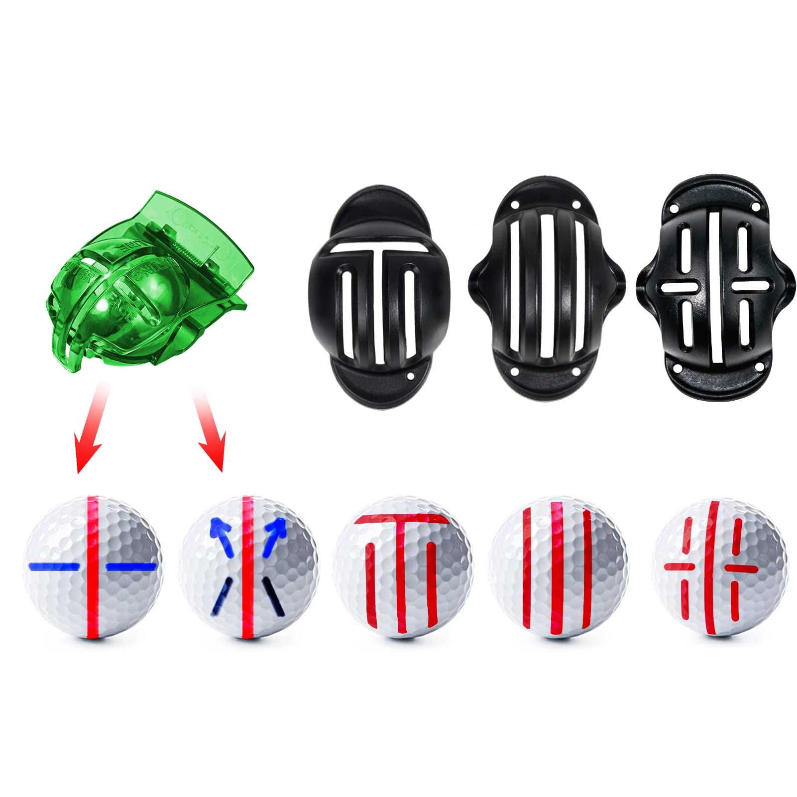 SAPLIZE Golf Ball Markers, 4 Golf Ball Marking Stencils and 3 Color Marker Pens, Golf Ball Line Marker Tool, Golf Ball Alignment and Identification Tool