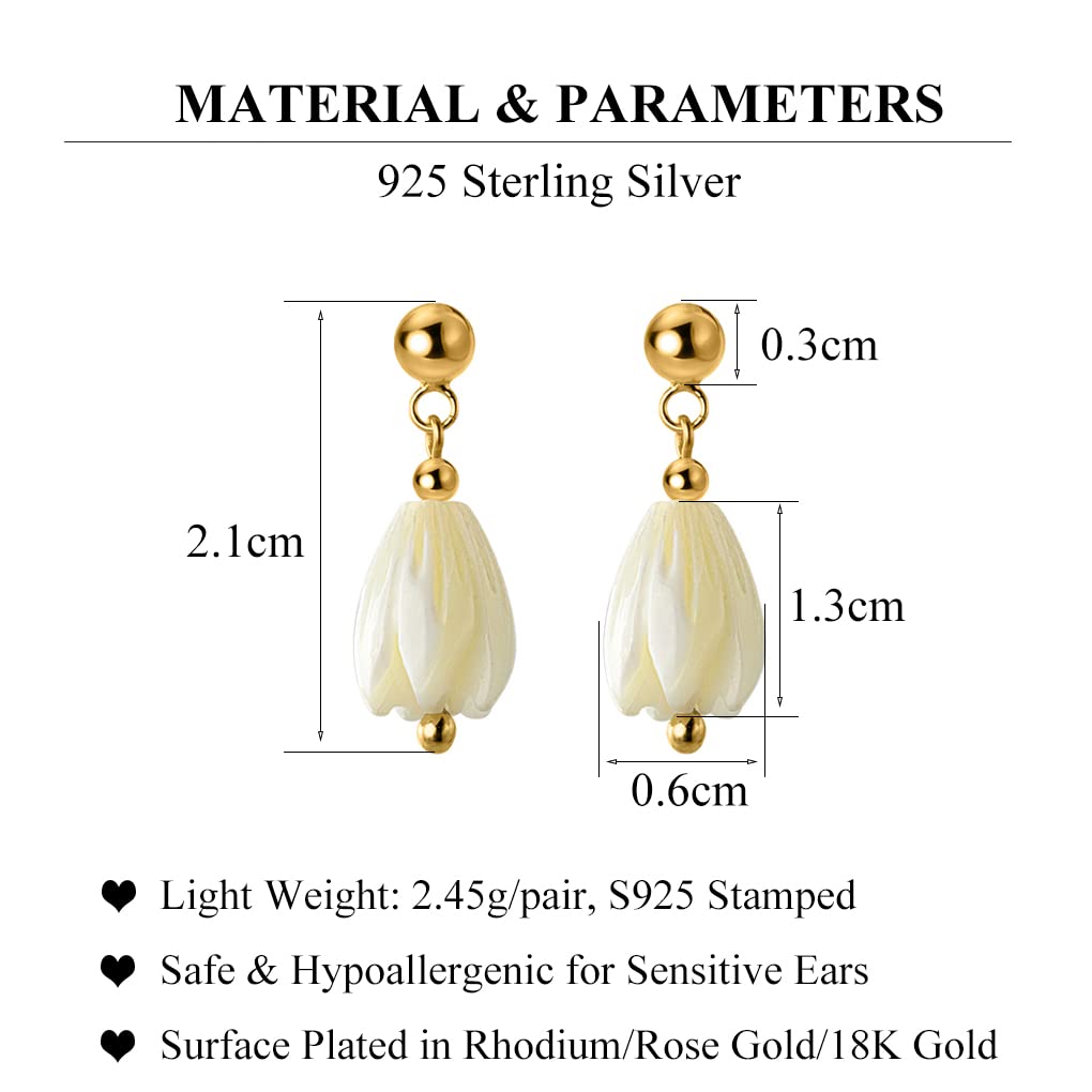 SLUYNZ 925 Sterling Silver Tulip Flower Drop Earrings for Women Flowers Dangle Earrings Shell Earrings Studs
