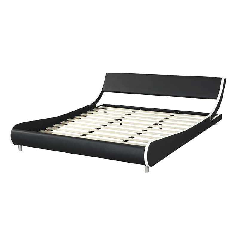 MegaChunk Faux Leather Upholstered Platform Bed Frame, King Size, Curve Design, Wood Slat Support, No Box Spring Needed, Easy Assemble, Black+White
