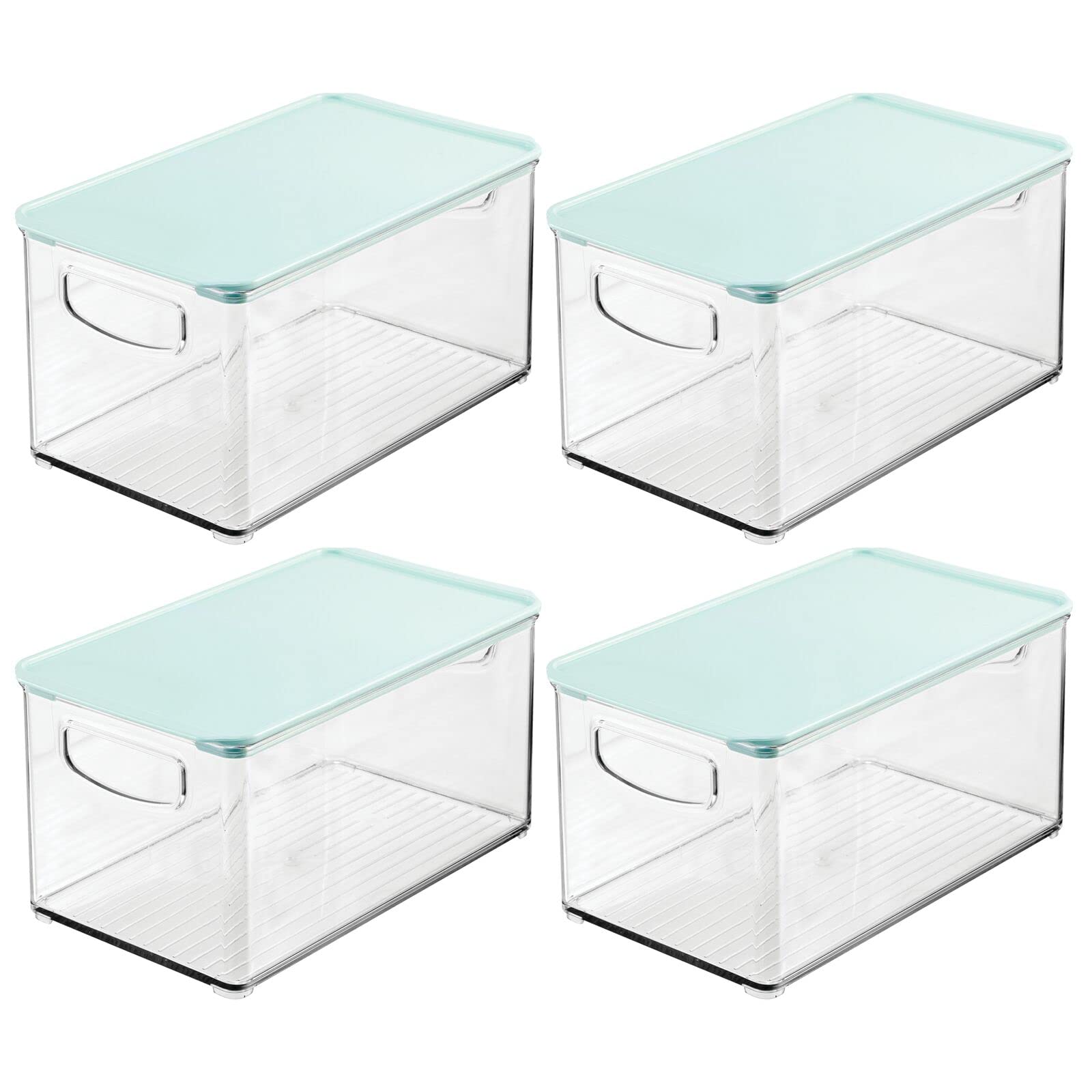 mDesign Plastic Storage Bin Box Container, Lid - Built-In Handles - Organization for Toys, Games, Accessories in Play or Game Room, Cabinet, Shelves, Cubby, Ligne Collection, 4 Pack, Clear/Mint Green