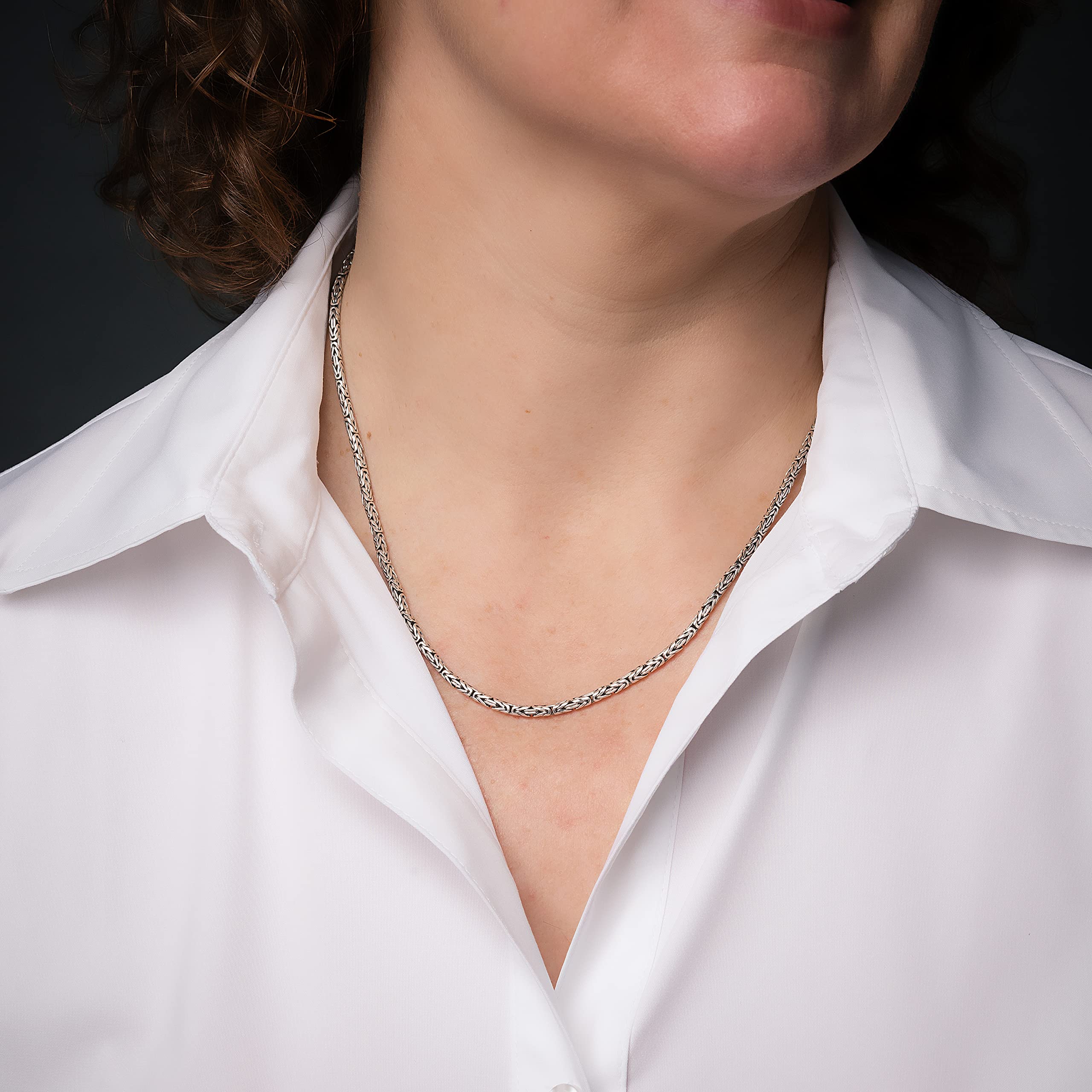 SARDA - .925 Sterling Silver 2mm Byzantine Chain Watermark Pattern Lobster Claw Clasp Necklace - Handmade by Bali Artisans - 20” w/ 2” Adjustable Extender