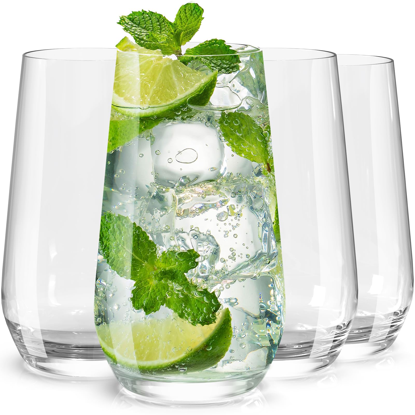 Wlasss Drinking Glasses Set of 4, 16.4oz Water Glasses,Highball Glasses,Tall Glass Cups,Clear Glass Tumbler,Glassware for Beer,Juice,Mojito,Iced Tea, Kitchen and Bar Cocktail Glasses,Gift