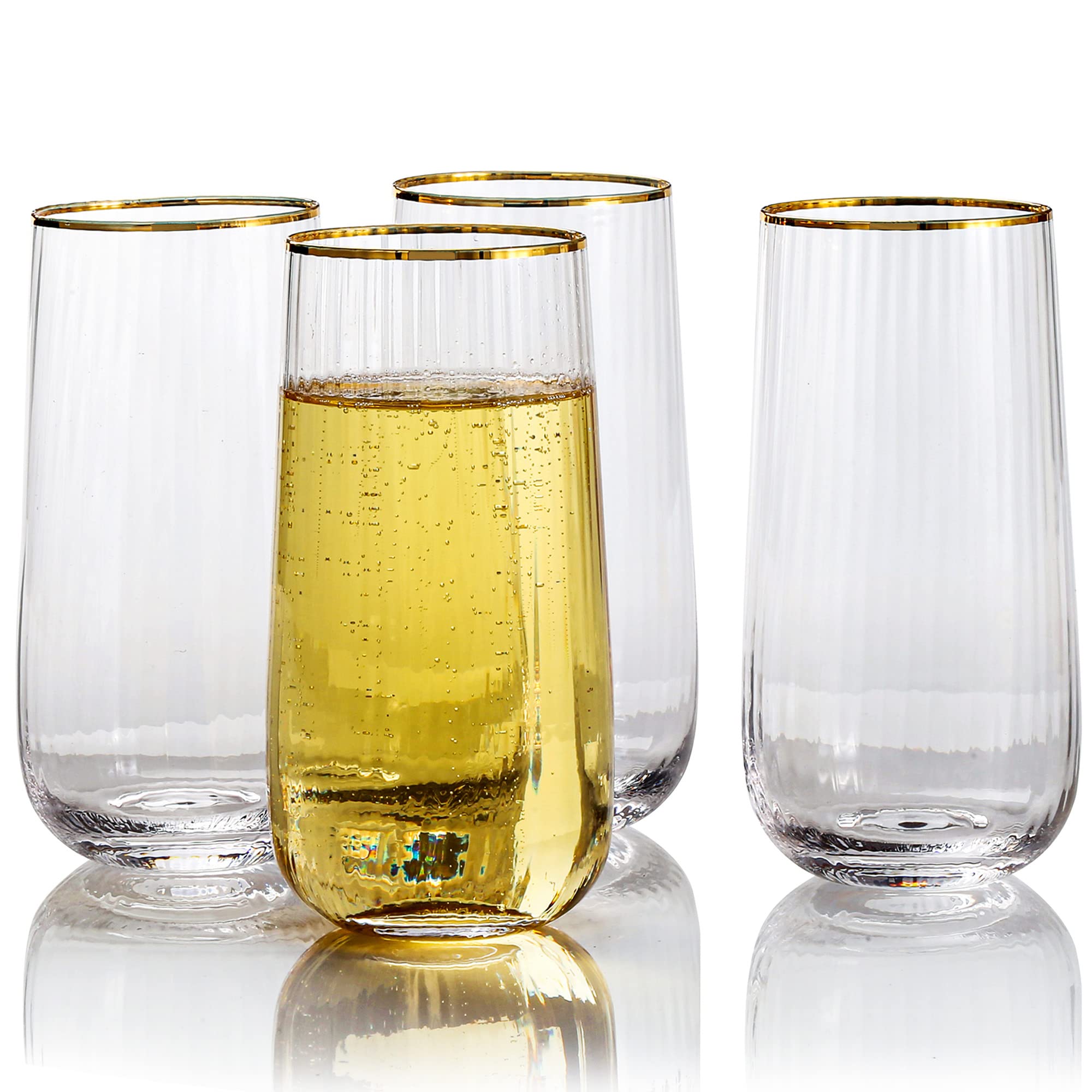 Lysenn Stemless Champagne Flutes Set of 4 - Premium Hand Blown Champagne Glasses for Bubbly Wine - Elegant Vertical Stripe and Gold Rim Mimosa Glasses â Clear 17oz