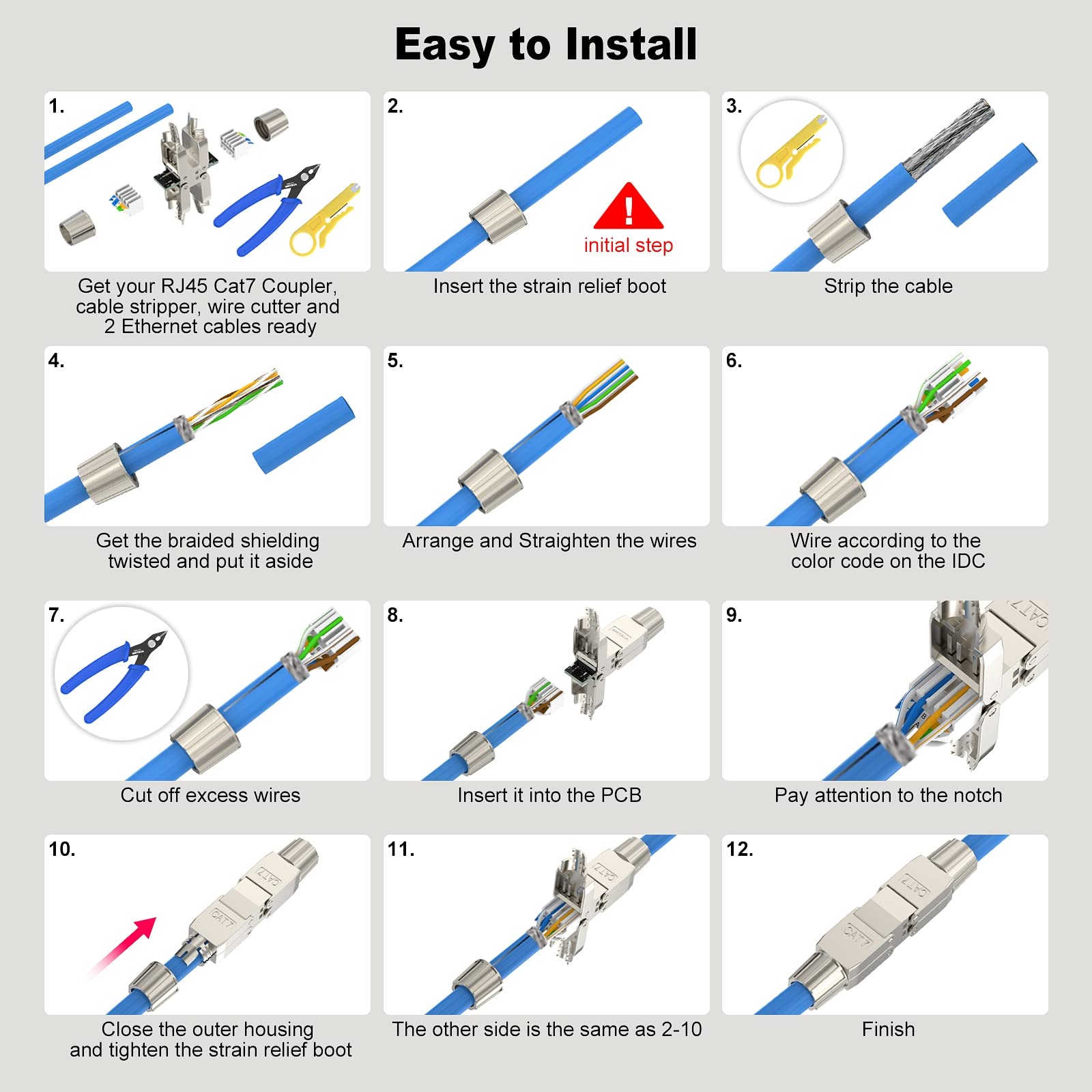 VCELINK Tool-Free RJ45 Coupler Shielded, Ethernet Cable Extender PoE+ for Cat7/Cat6a/Cat6 Network Cables 2 Pack, Silver