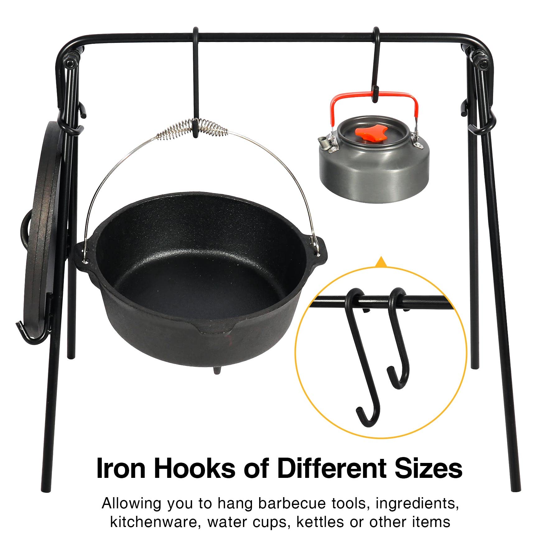 REDCAMP Campfire Cooking Stand, Portable Grill Swing with Hooks and Accessories, Cookware Hanging Rack for Cookware & Dutch Oven,Small