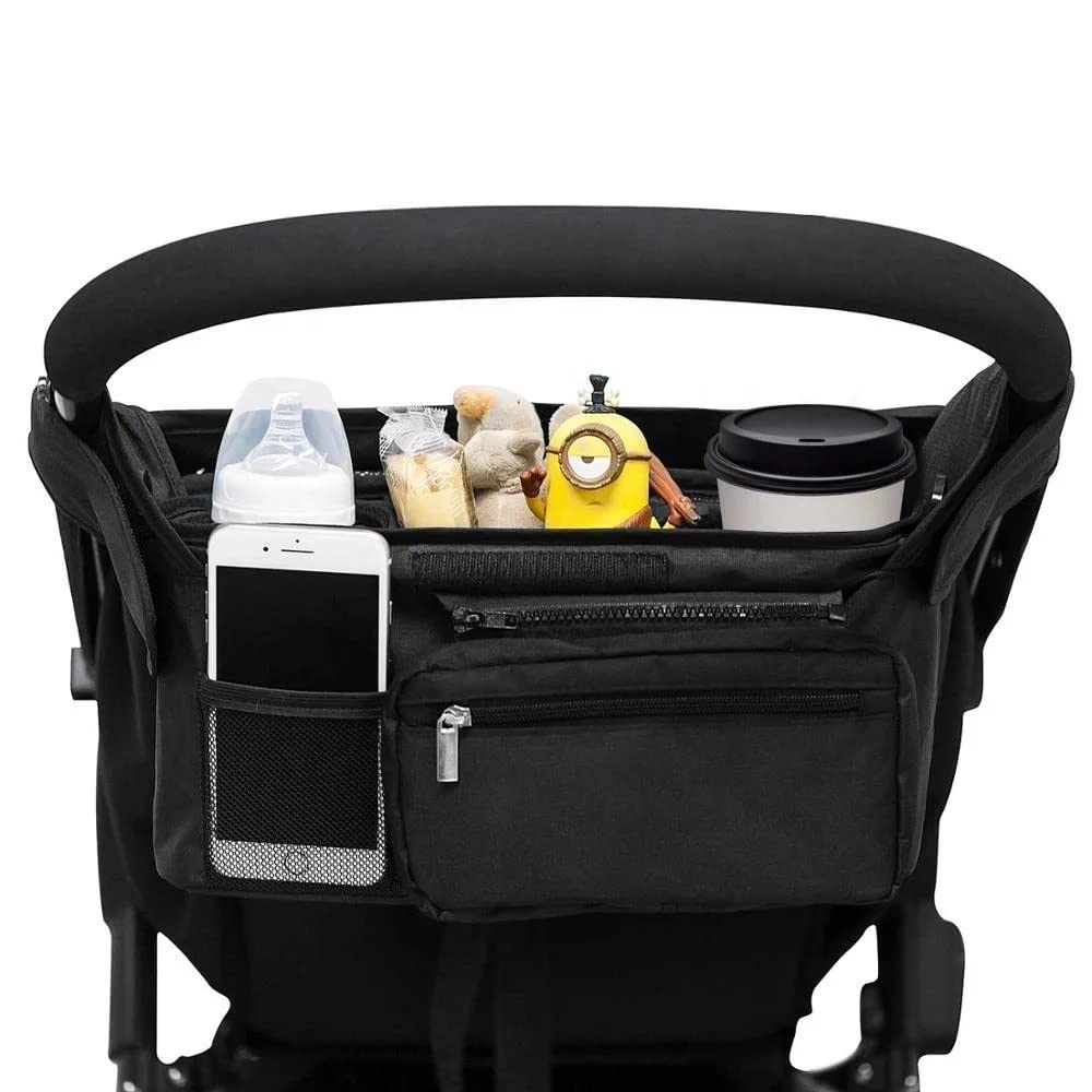 Universal Baby Stroller Organizer with Diaper Storage, Insulated Cup Holders, Secure Straps, Detachable Bag, Pockets for Toys, Phone and Keys for Parents. Non-Slip Design, Fit All Strollers.