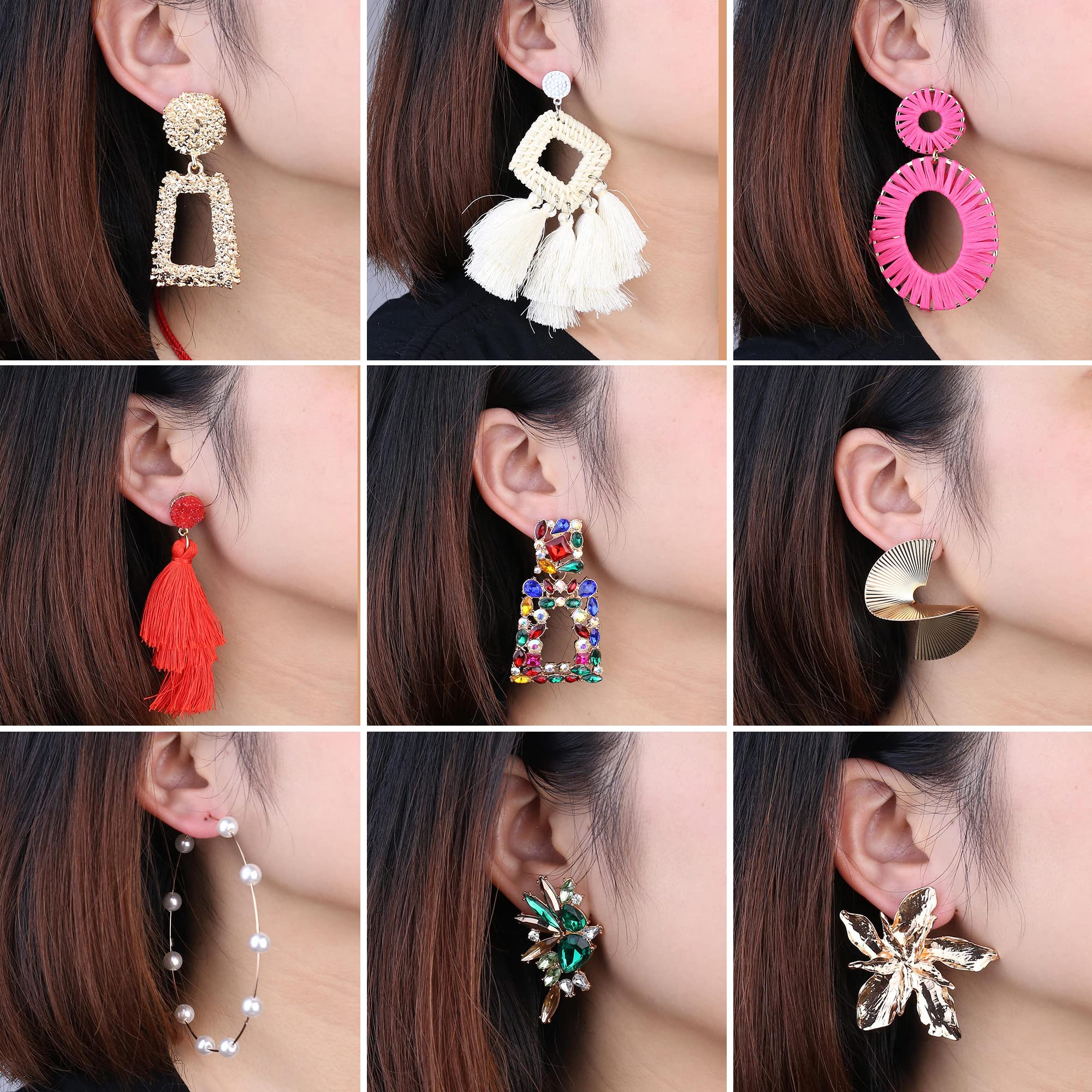 Sanfenly Drop Dangle Earrings for Women Statement Earrings, Bohemian Rattan Tassel Large Hoop Pearls Rhinestone Crystal Gold Geometric Dangling Earring Set
