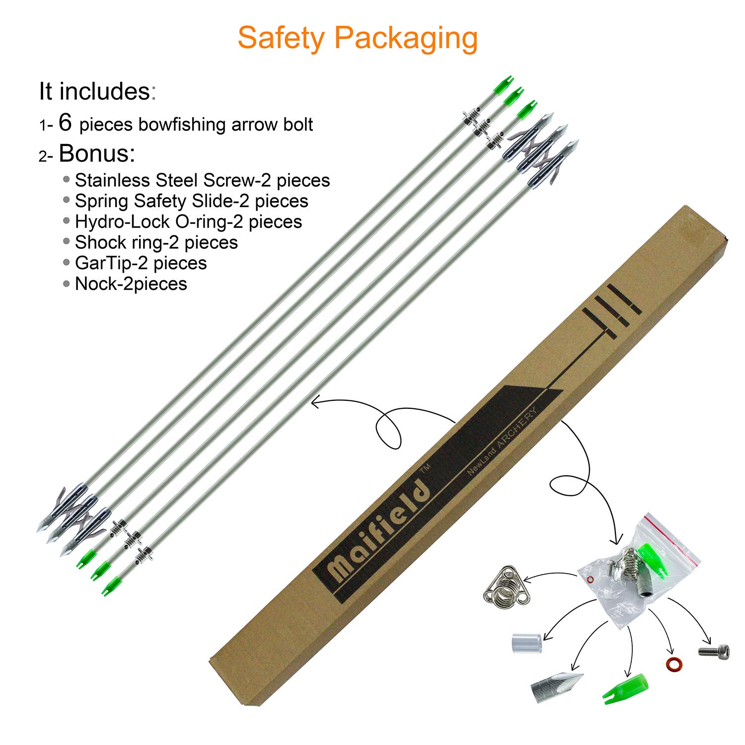 maifield Bowfishing Head 2 Mechanical barbs 2.5" Holding Area Archery Broadhead Fits 5/16" Fiberglass Arrow Shaft (6pcs per Pack)