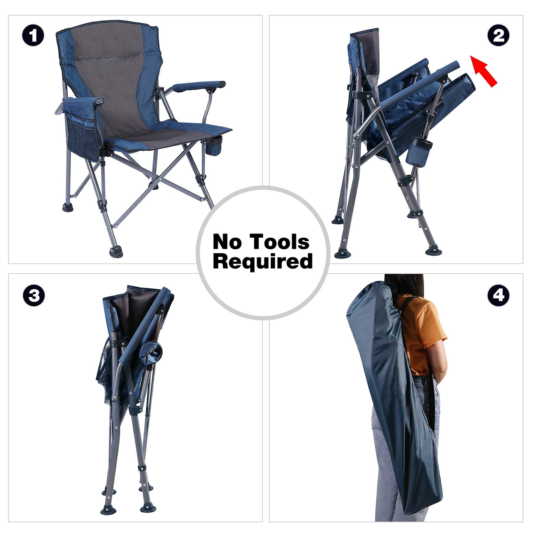 REDCAMP Oversized Folding Camping Chairs for Adults Heavy Duty 500lb, Sturdy Steel Frame Portable Outdoor Sport Chairs with High Back and Hard Arms,New Blue