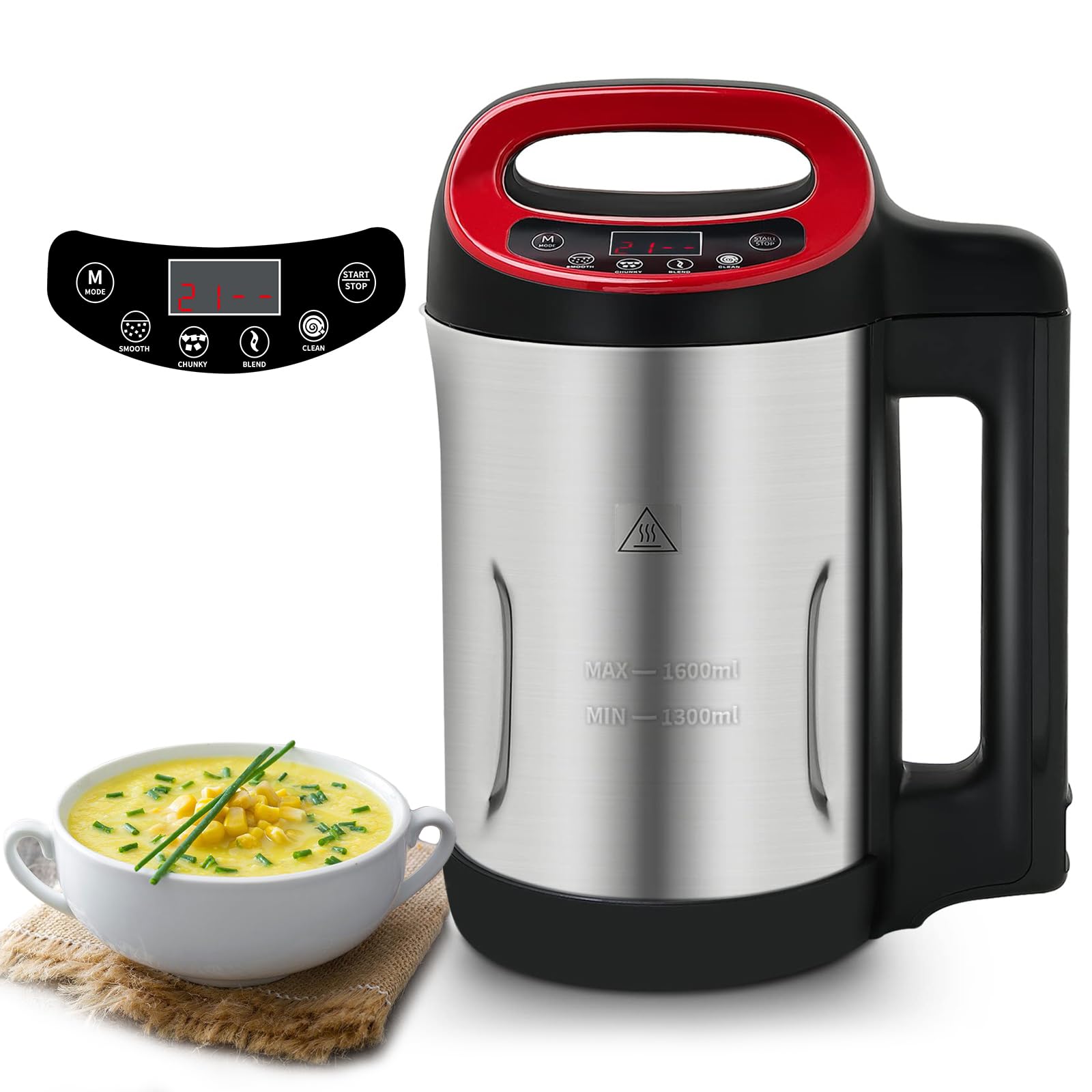 Potlimepan Soup Maker 1.6 L, 6 in 1 Multi-Funcation Soup and Smoothie Maker with Smart Control Panel, Stainless Steel Hot Soup Maker Electric, Makes 2-5 Servings Smart Living for Home Use Red