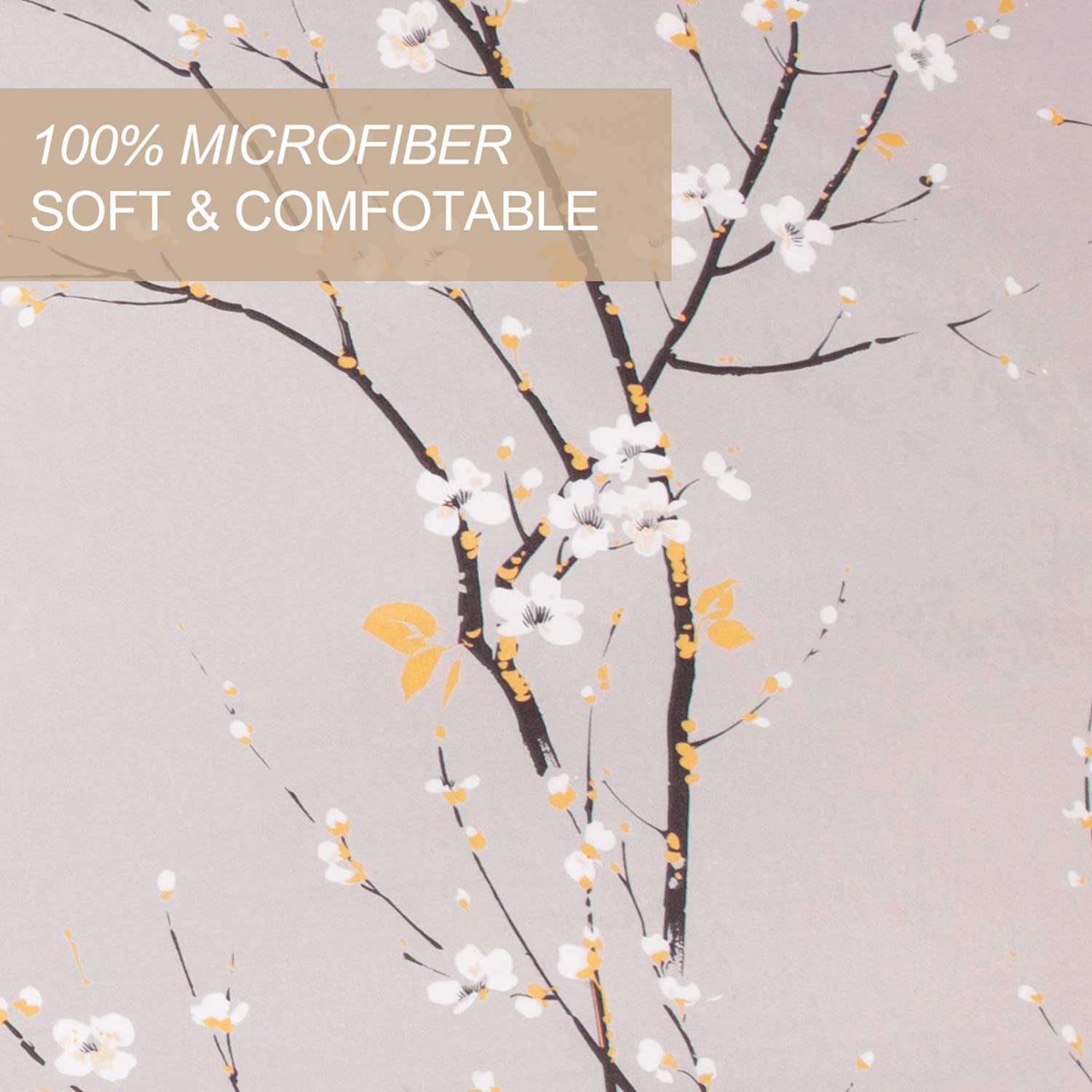 Nanko Queen Fitted Bed Sheet 80x60 Deep Pocket Mattress Tan Gray Plum Blossom Floral Cool Soft Lightweight Microfiber Bedding Set 2 Pillowcases 10 11 12 14 inch Grey Flower