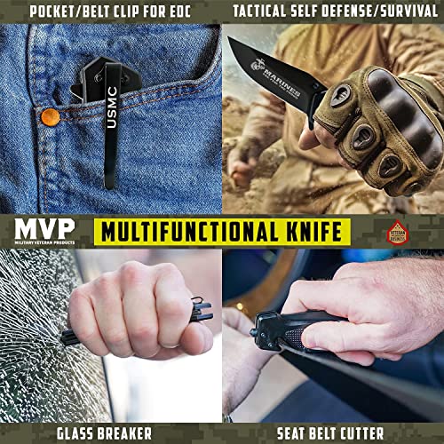 USMC Black Tactical Folding Knife-3.5 Inch Blade Marine Rescue & Hunting Knife-Two-Sided Engravings - USMC Gift-Disabled USMC Vet Owned SMALL Business
