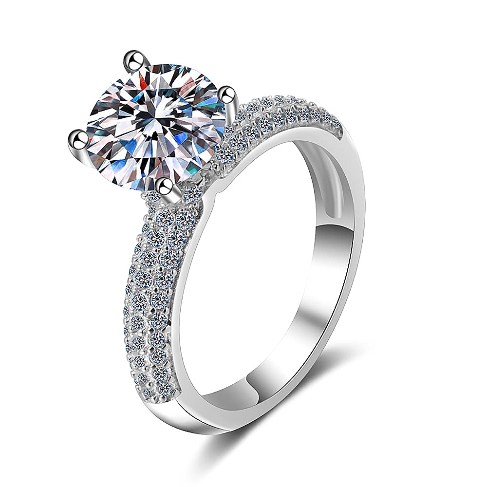 MOSSA Wedding Ring Set, 2 Carats Round Cut Moissanite Engagement Ring Wedding Band silver-plated-base for Promise Eternity (6)