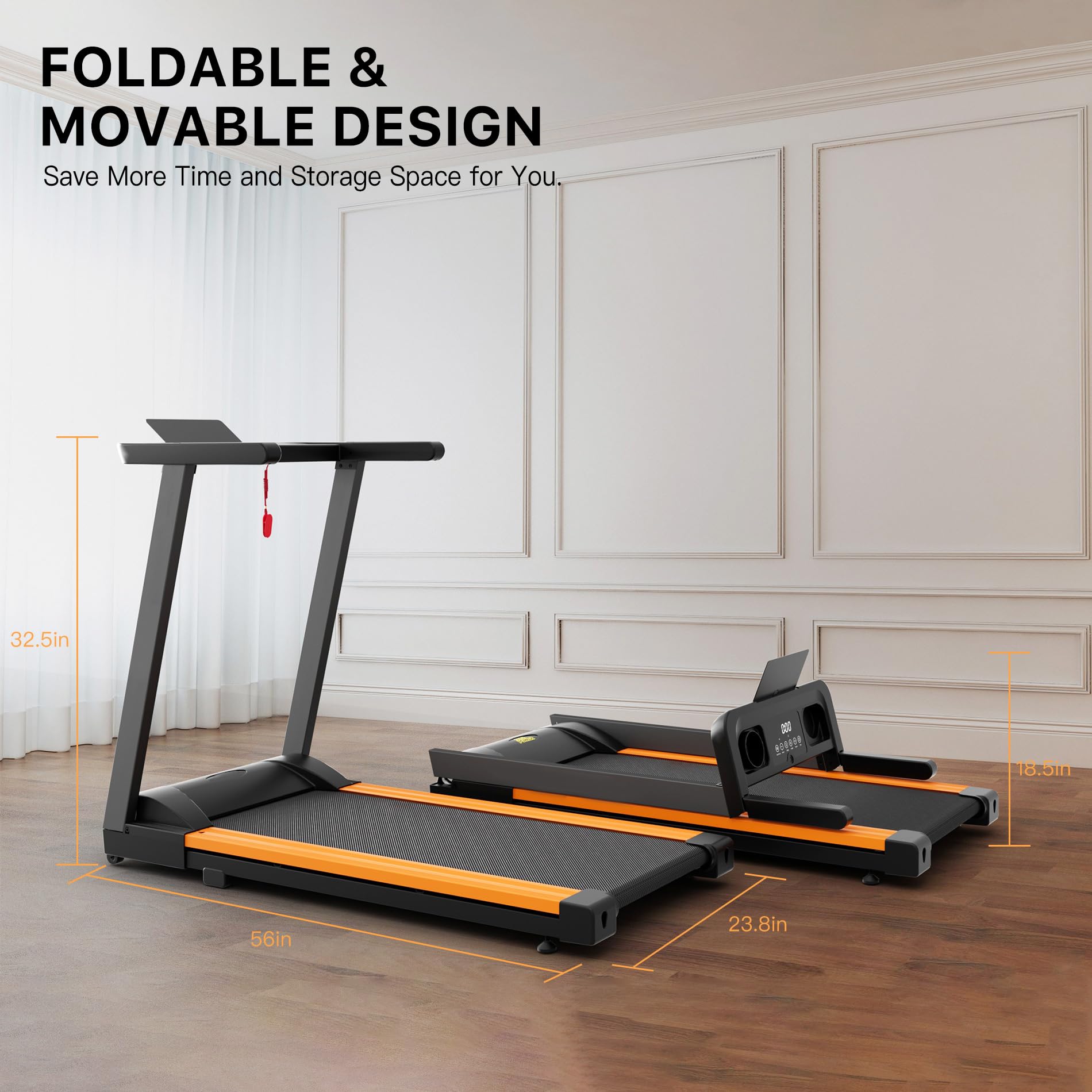 SSPHPPLIE Folding Treadmill with APP Smart Band, Portable Treadmill Foldable with 300 lb Capacity, 3.0 HP Compact Treadmill for Small Space, Orange Logo