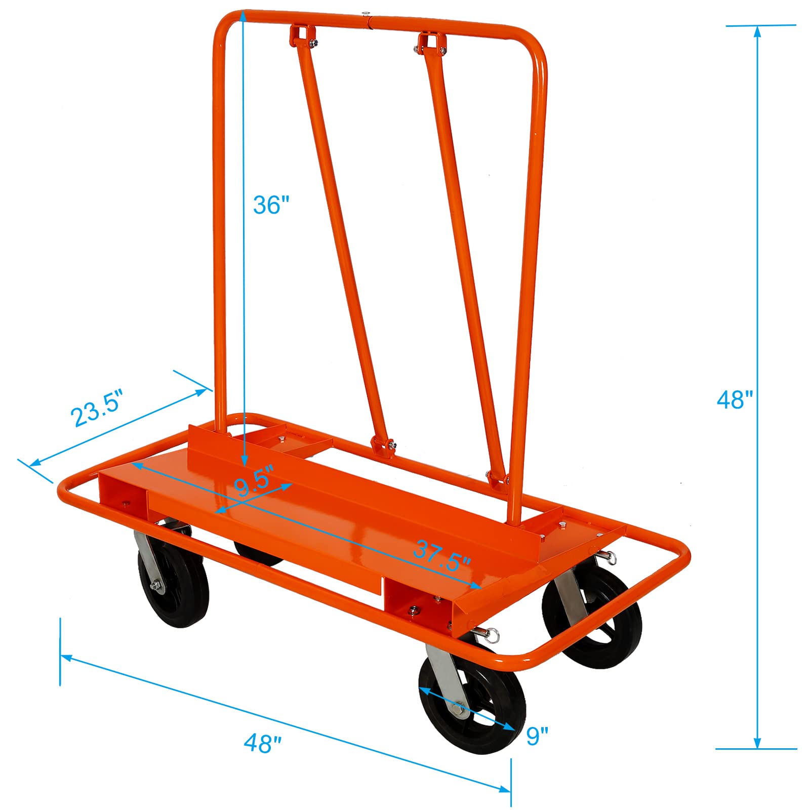 Veemuaro Drywall Sheet Cart, Heavy Duty Panel Dolly Cart 2400LBS Load Capacity with Four 8" Rubber Wheels, Rolling Dolly for Garage, Home, Warehouse (Orange)