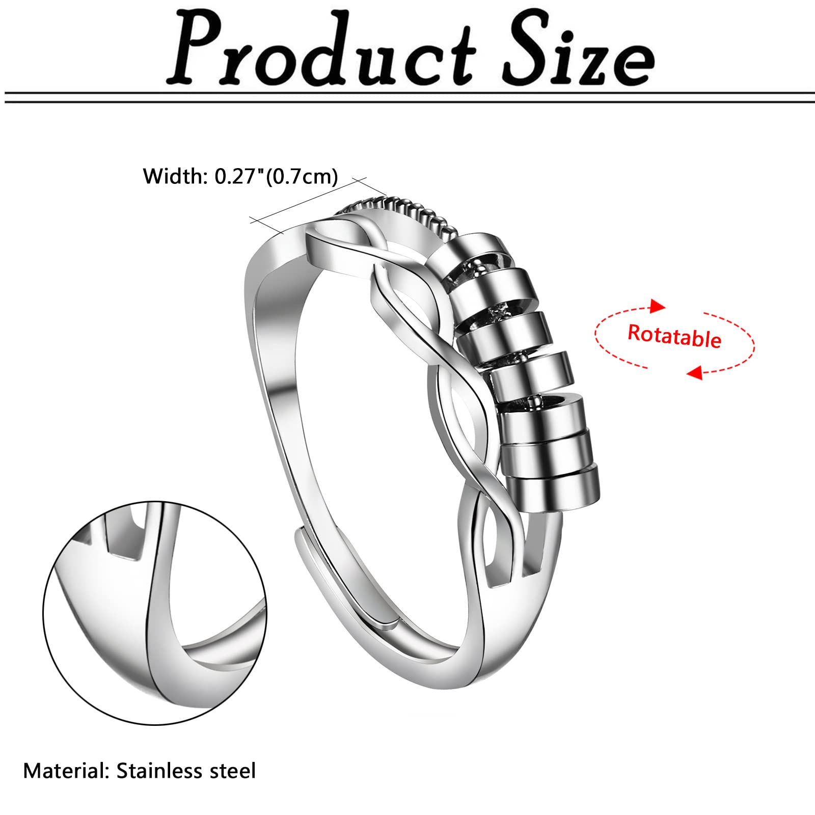 Rofusn 2PCS Fidget Beads Ring Spinner Rings for Women, Adjustable Spinner Anxiety Relief Rings Jewelry Set Fit 6-10 Ring Size